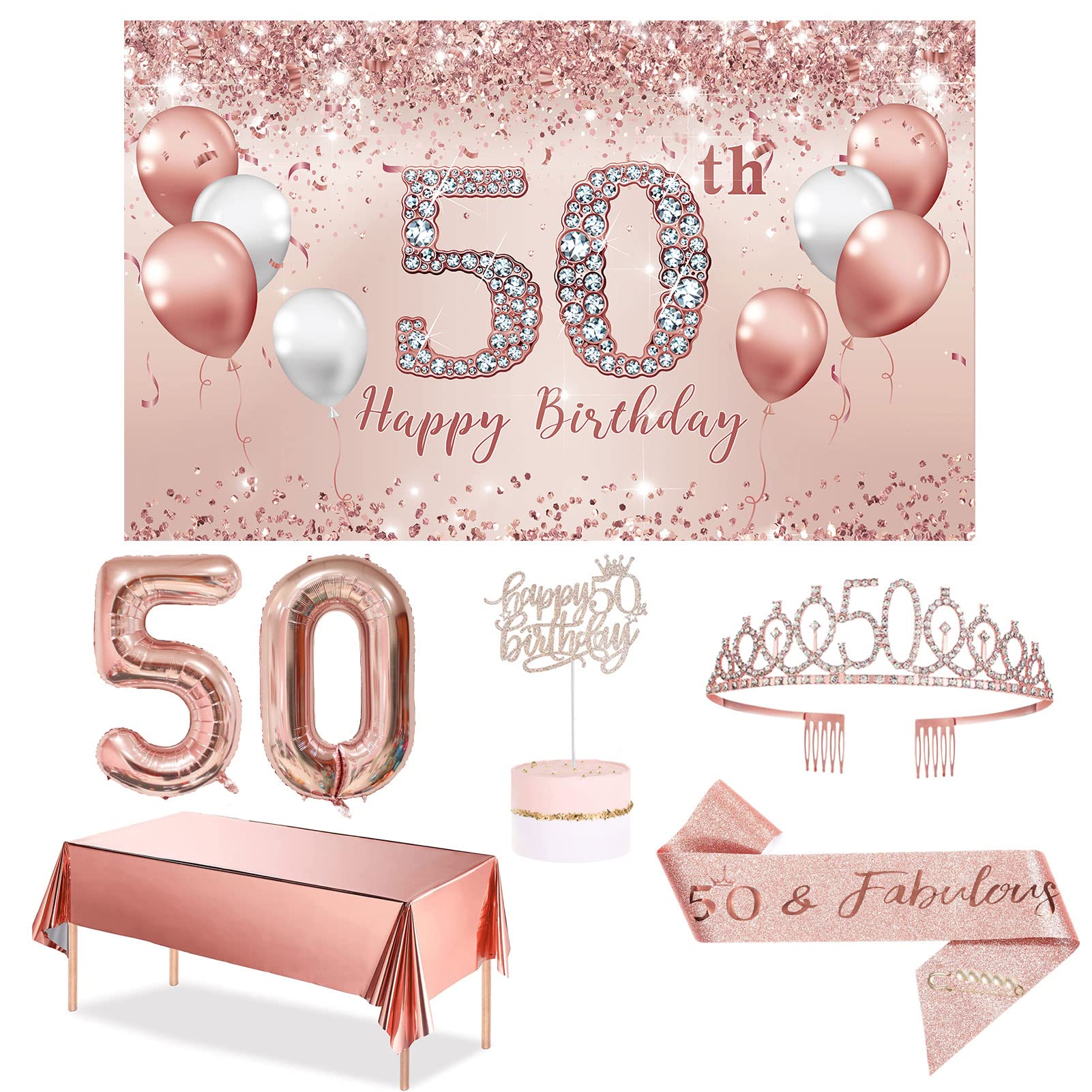 Trgowaul 50th Birthday Decorations Party Set for Women, Rose Gold 50 ...