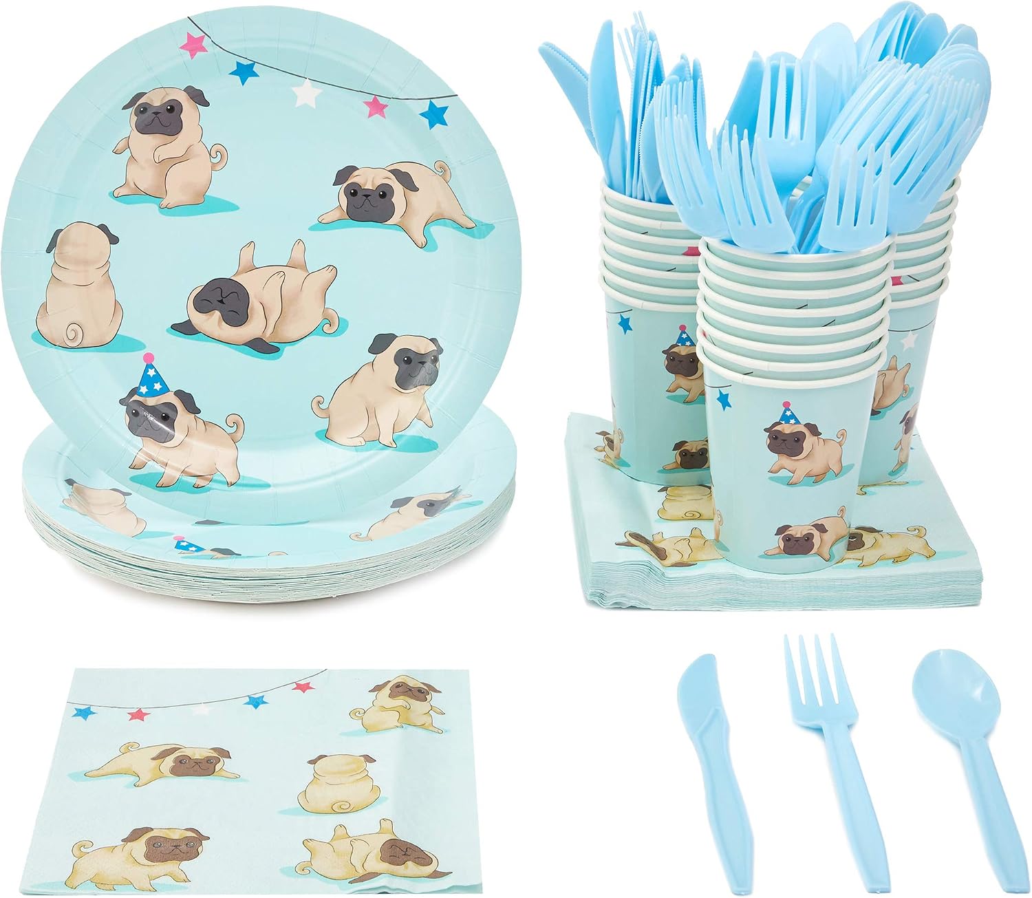 Amazon.com: Dog Dinnerware Set, Pug Party Supplies for 24 Guests (144 ...