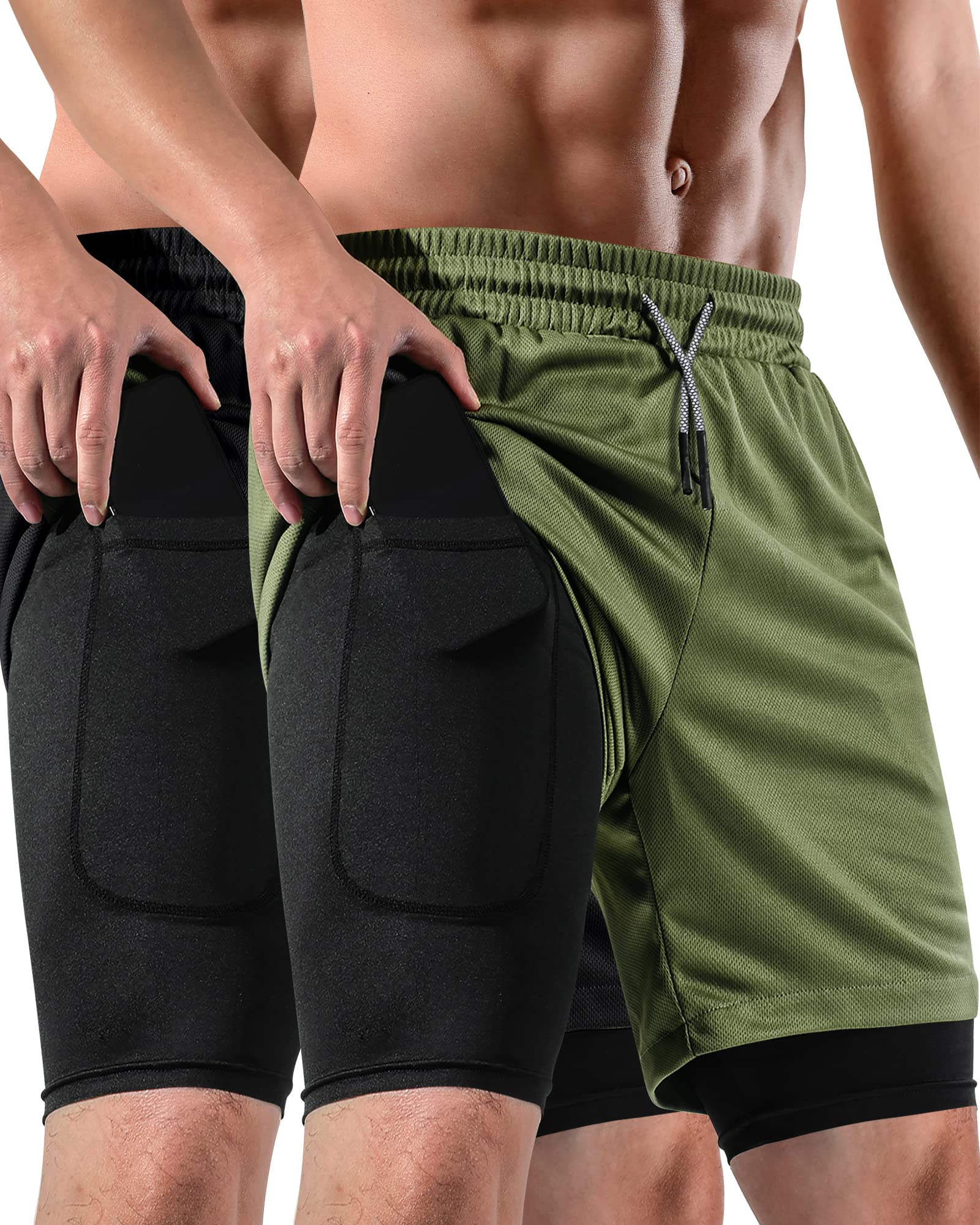 FIONECA 2 in 1 Mens Shorts Casual 2 Pack, Running Gym Shorts for Men 7 ...