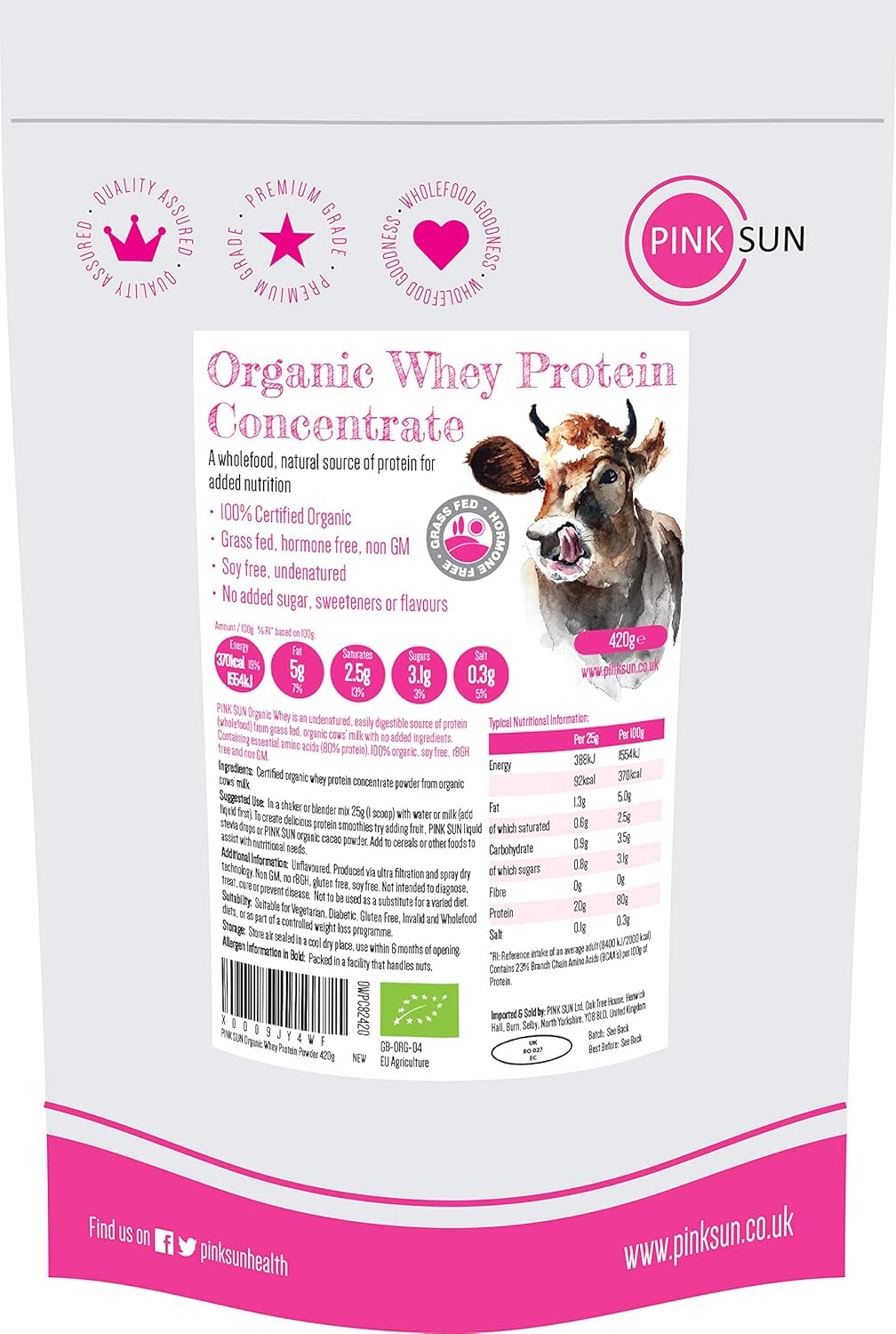 PINK SUN Organic Whey Protein Concentrate Powder Unflavoured 420g (80% ...