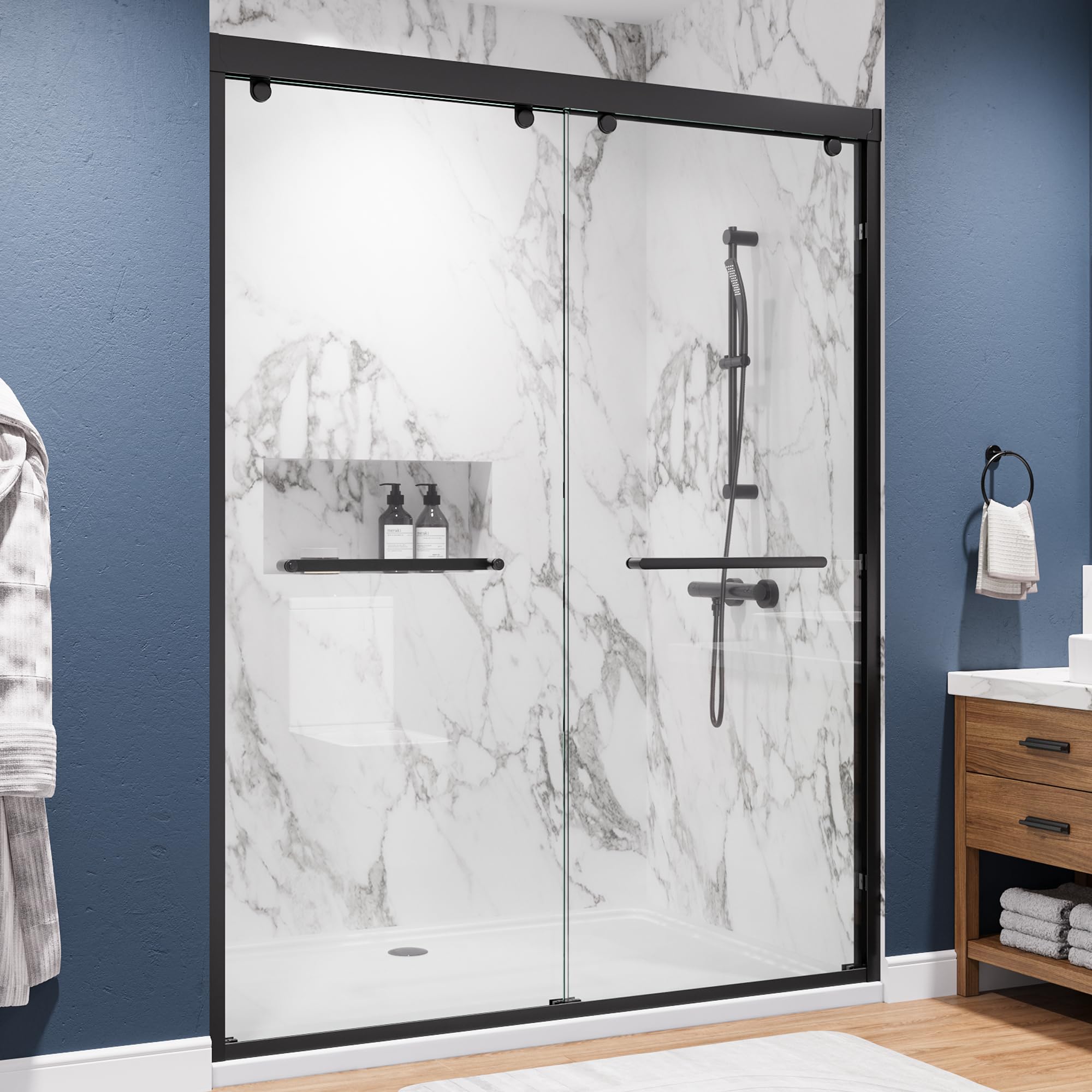 56-60 in. W x 76 in. H Double Sliding Shower Door, Matte Black Semi-Frameless Glass Shower Door ...