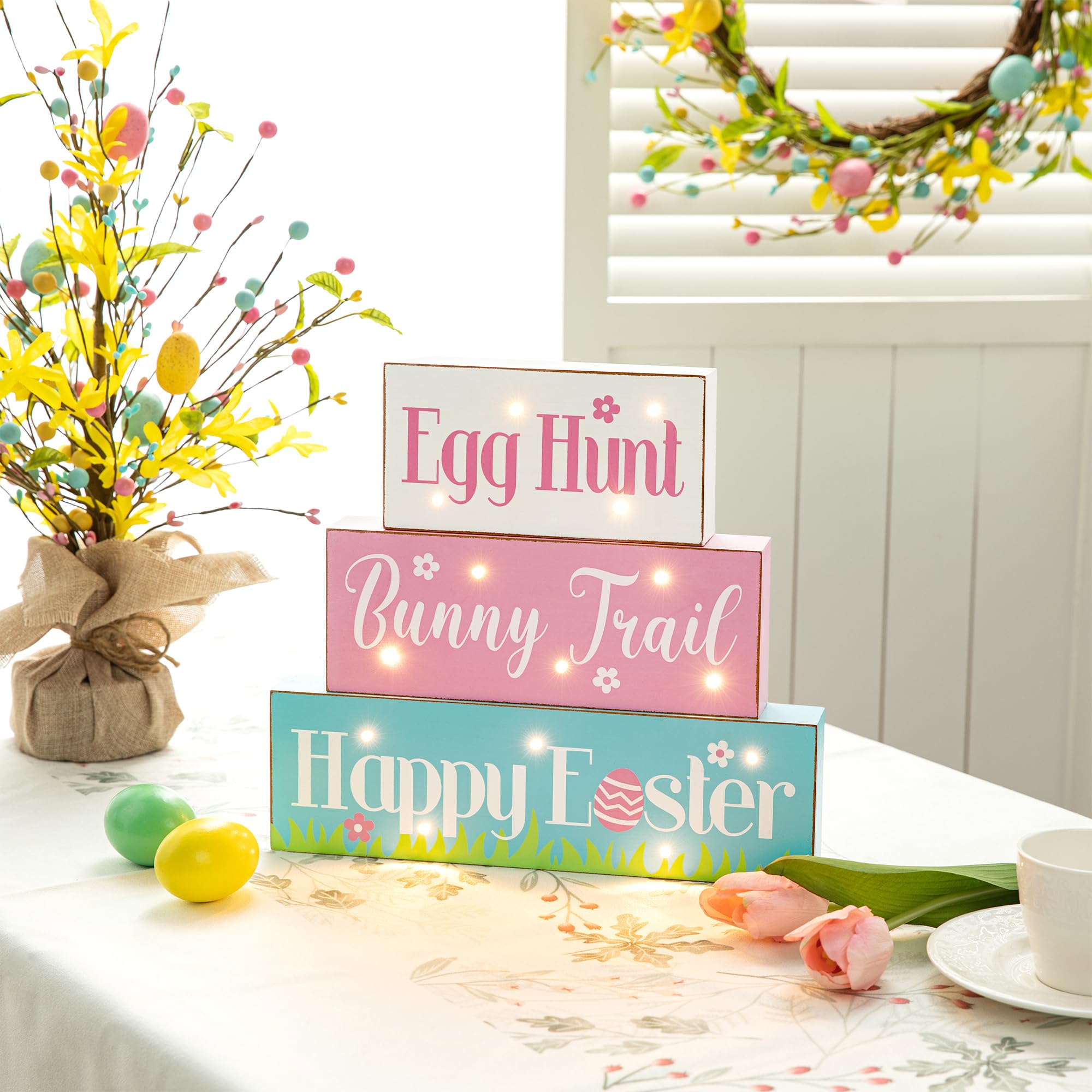 Glitzhome Wooden Easter Table Block Decor Wood Tabletop Sign with ...