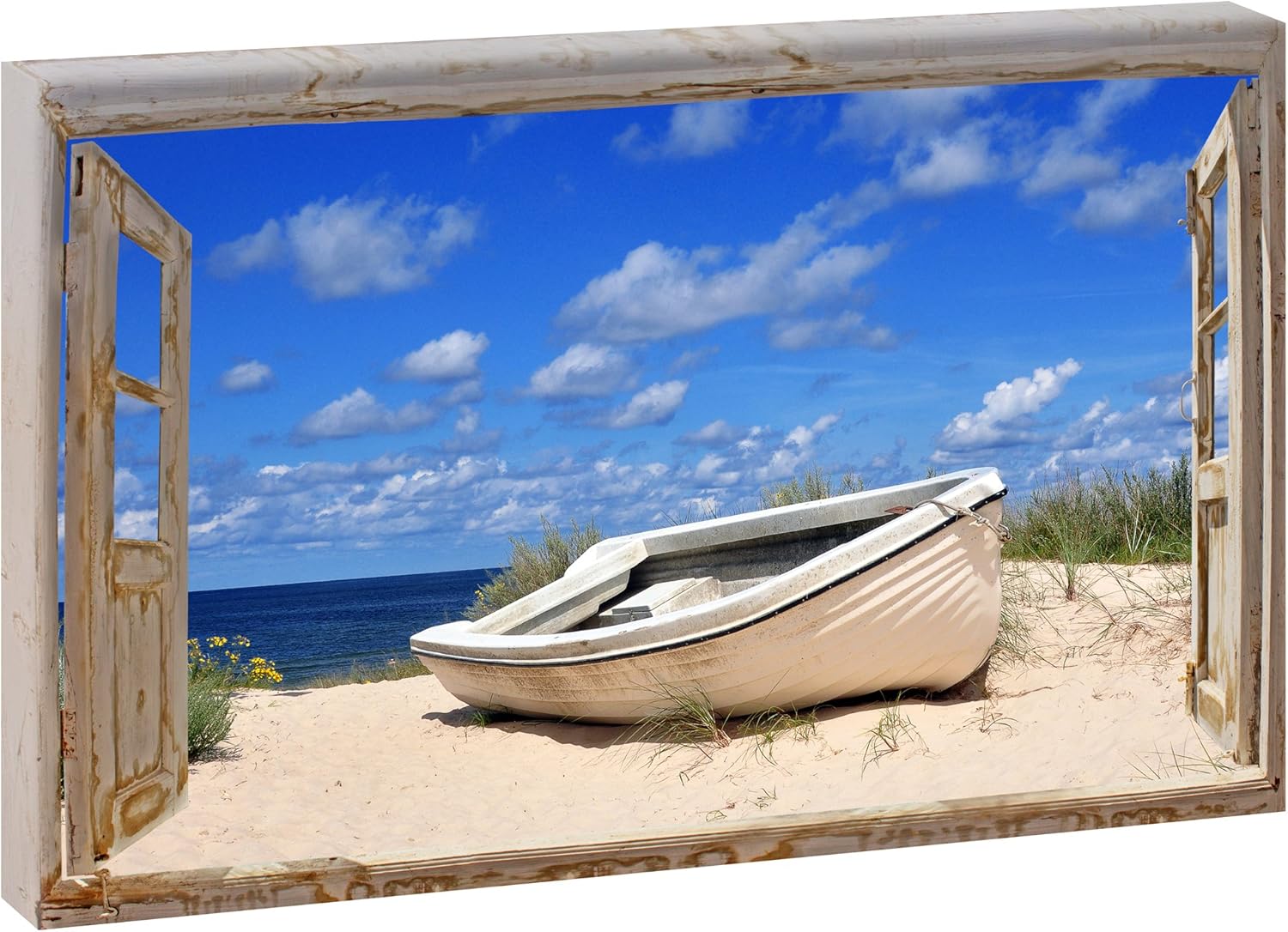 Fensterblick Boot am Strand | Panoramabild im XXL Format | Kunstdruck auf Leinwand | Wandbild ...