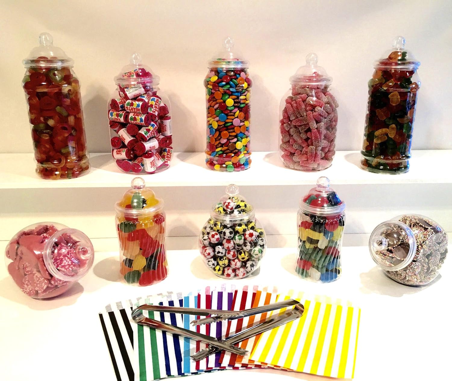 10 Assorted Plastic Sweet Jars, 2 Tongs, 50 Candy Stripe Bags - Vintage ...