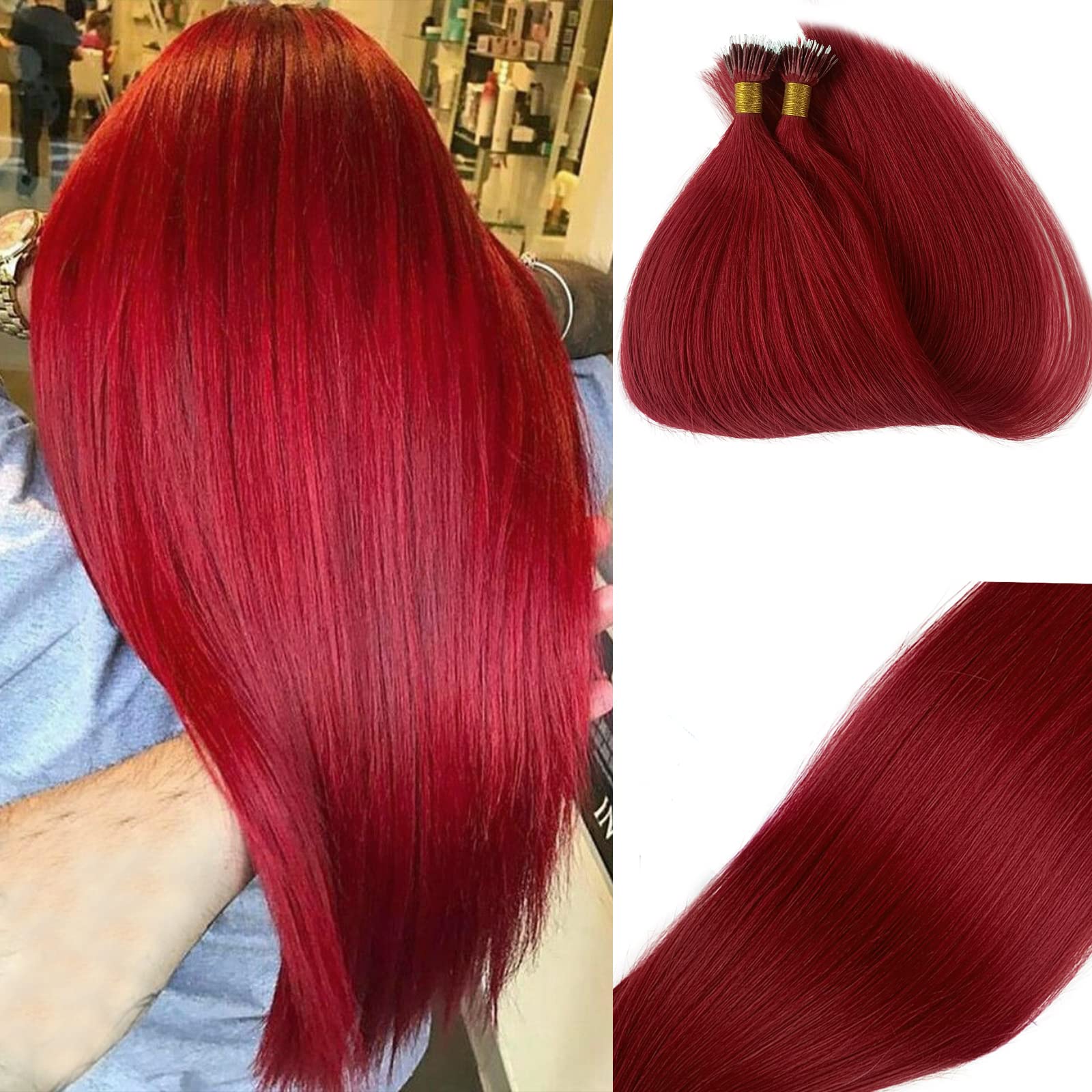 Burgundy Nano Ring Hair Extensions Real Human Hair,Burgundy Silky ...