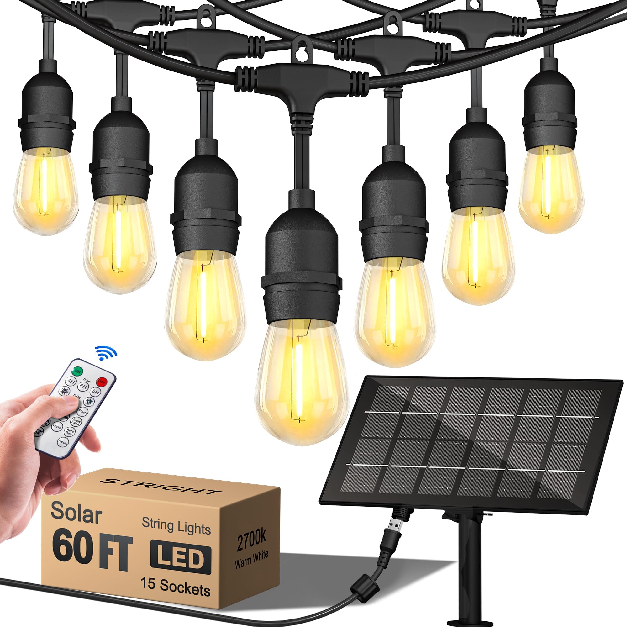 Stright Solar String Lights 60FT S14 LED Blulds, Outdoor Strand Patio Light with 15 Sockets ...
