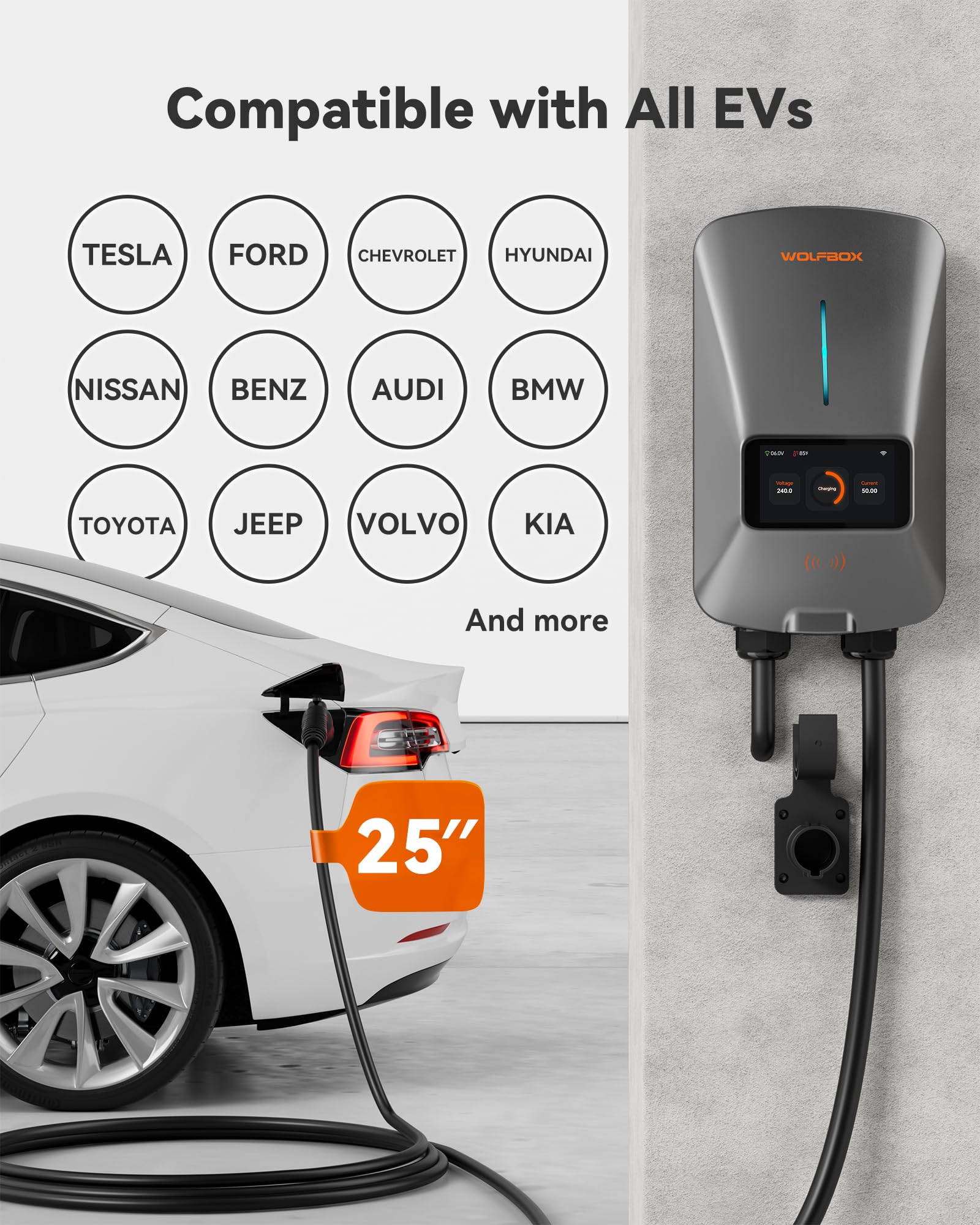 Mua WOLFBOX Level 2 EV Charger 50 Amp - Smart Display, RFID Card, 25ft ...