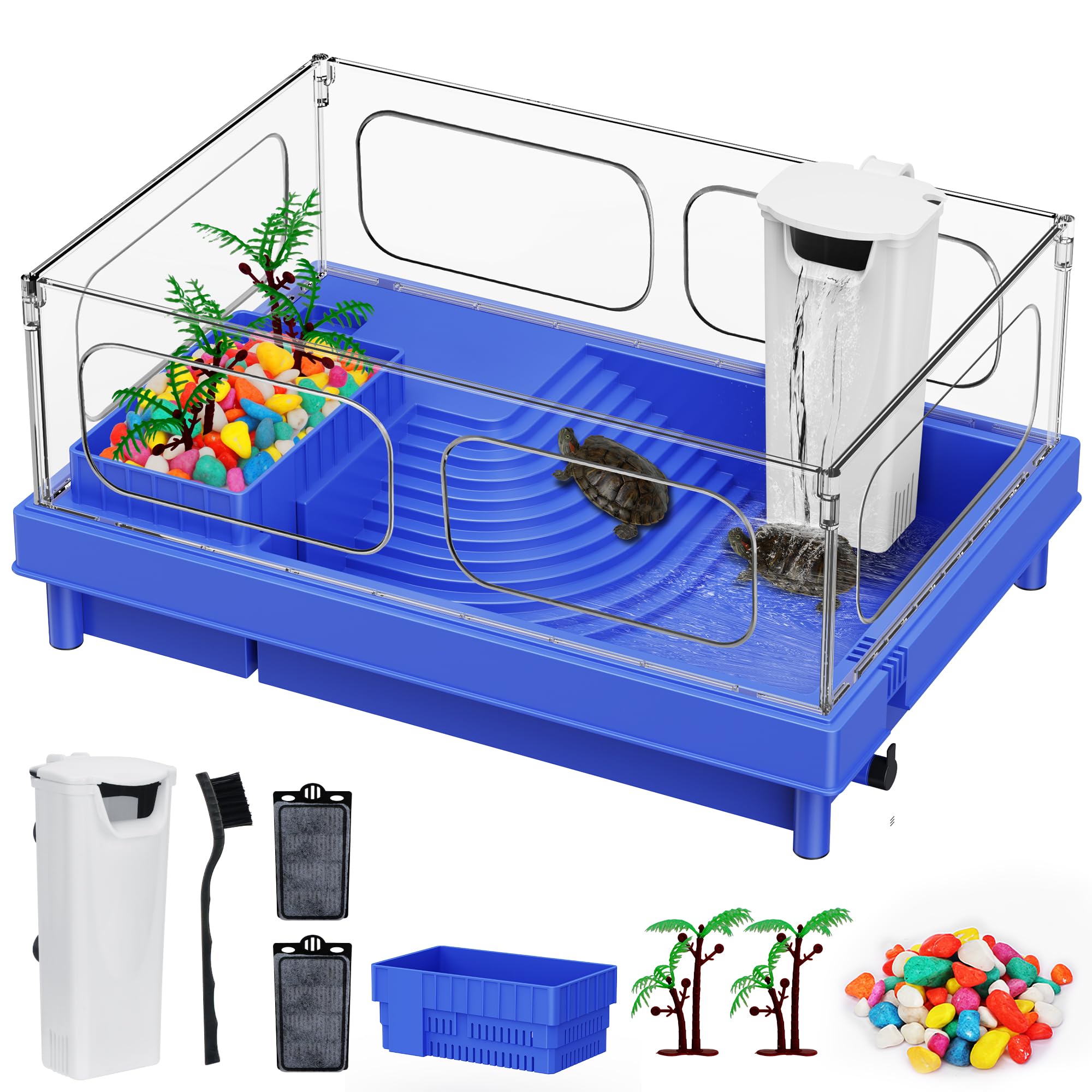 Geegoods Turtle Tank, Blue Small Turtle Tank Kit, Turtle Aquarium with ...