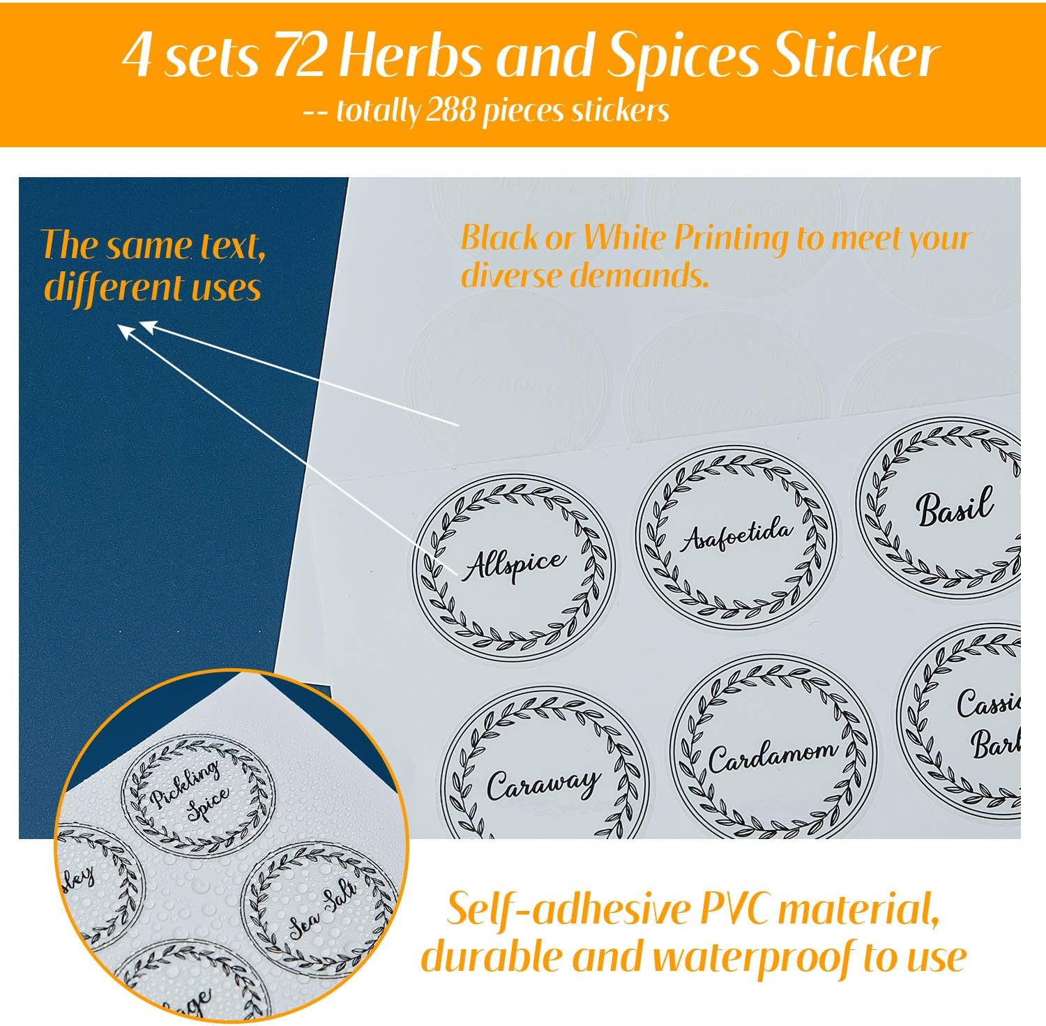 Outus 288 Pieces Herb and Spice Jar Labels Stickers Printed Pantry ...