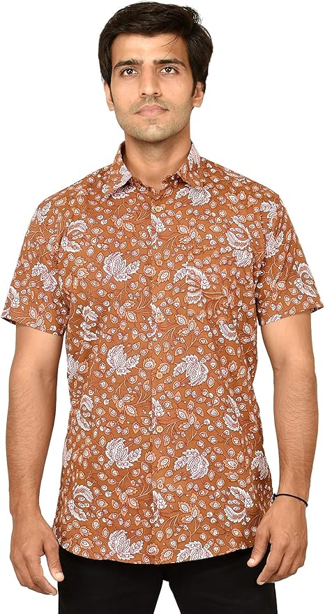 Buy MOTISON Men's Hand Block Traditional Jaipuri Floral Print Brown ...