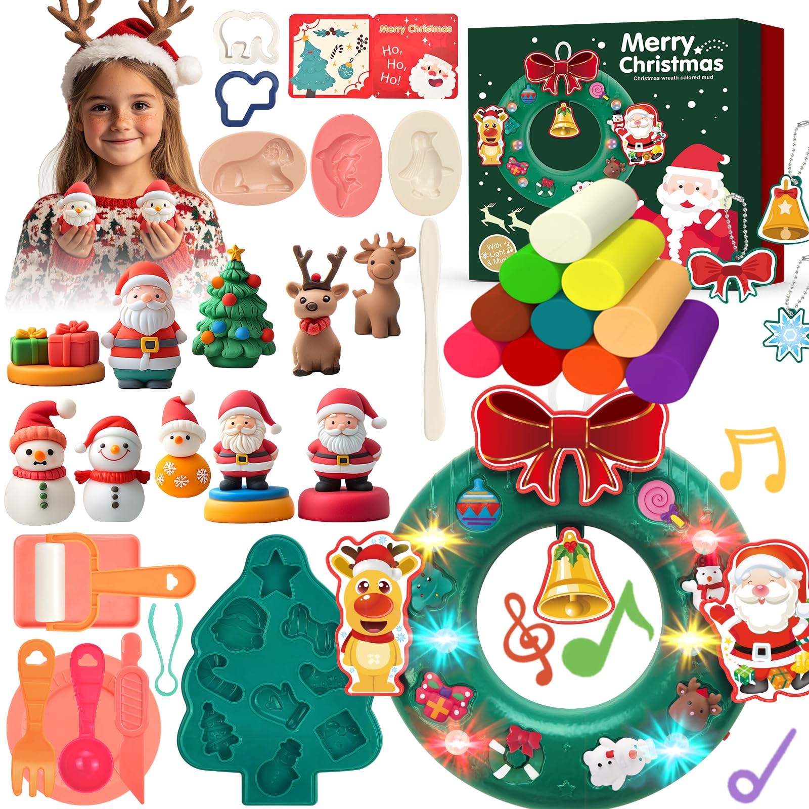 Christmas Play Dough Sets for Kids Ages 2-4, Lights Wreath Molds 20 ...