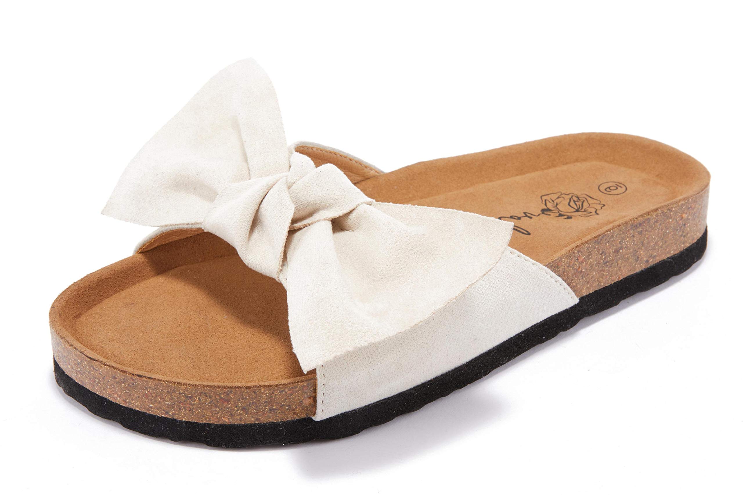 FISACE Womens Bowknot Slide Flat Cork Sandals Slip On Open Toe Slippers ...