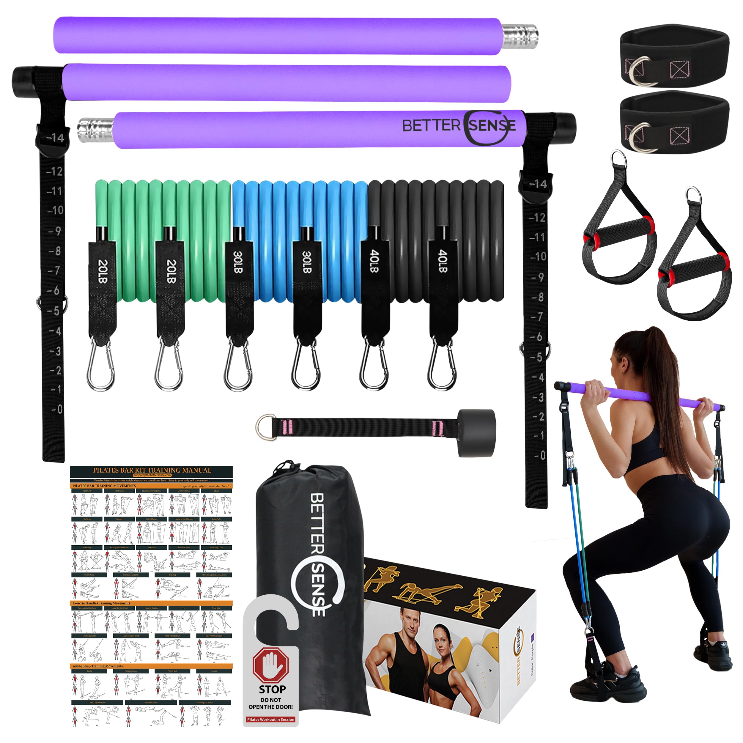 Pilates Bar Kit with Resistance Bands – Adjustable 39” Steel Bar & 6 ...