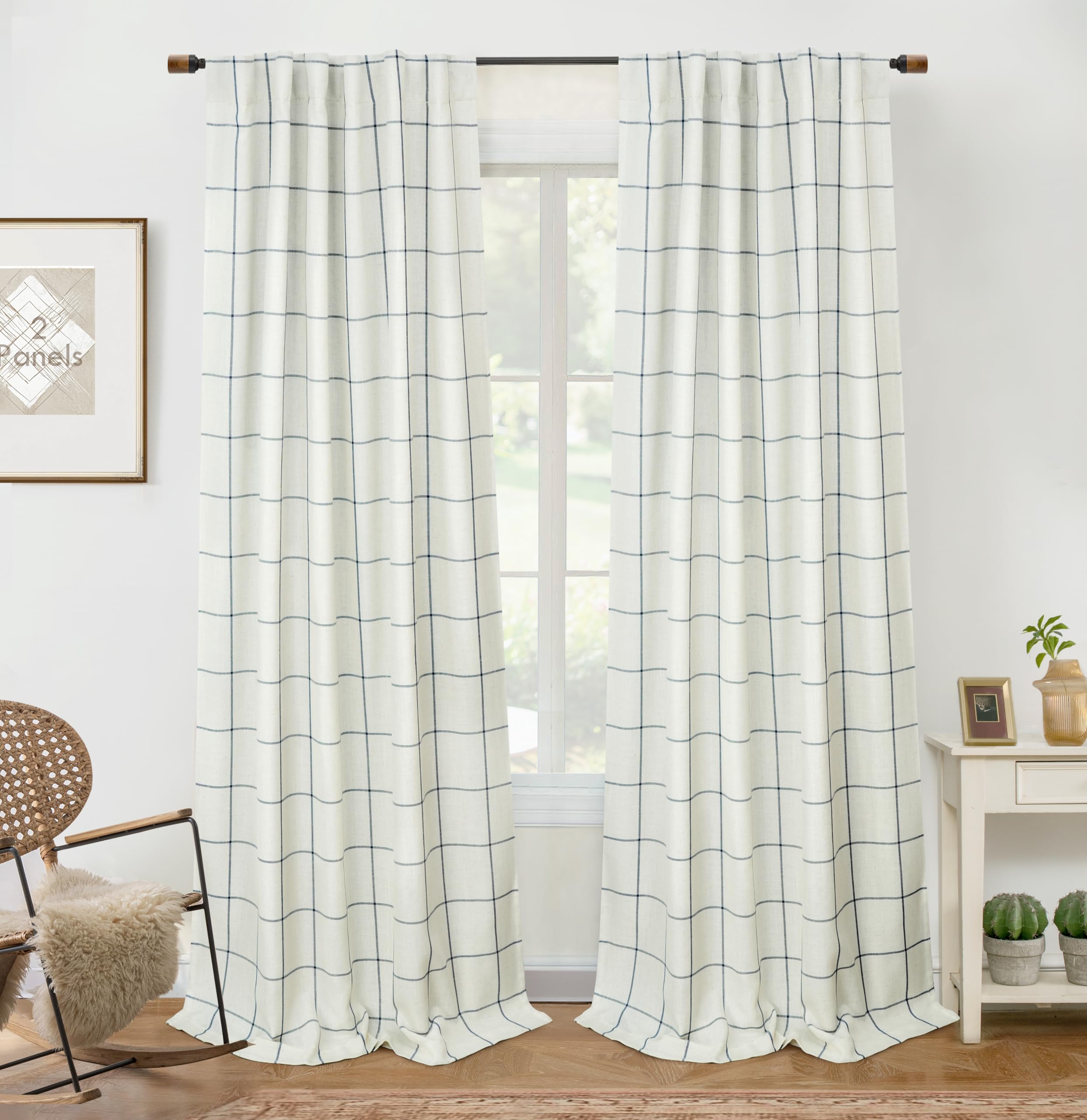 DriftAway 2 Panels 100% Blackout Windowpane Plaid Linen Curtains Double ...