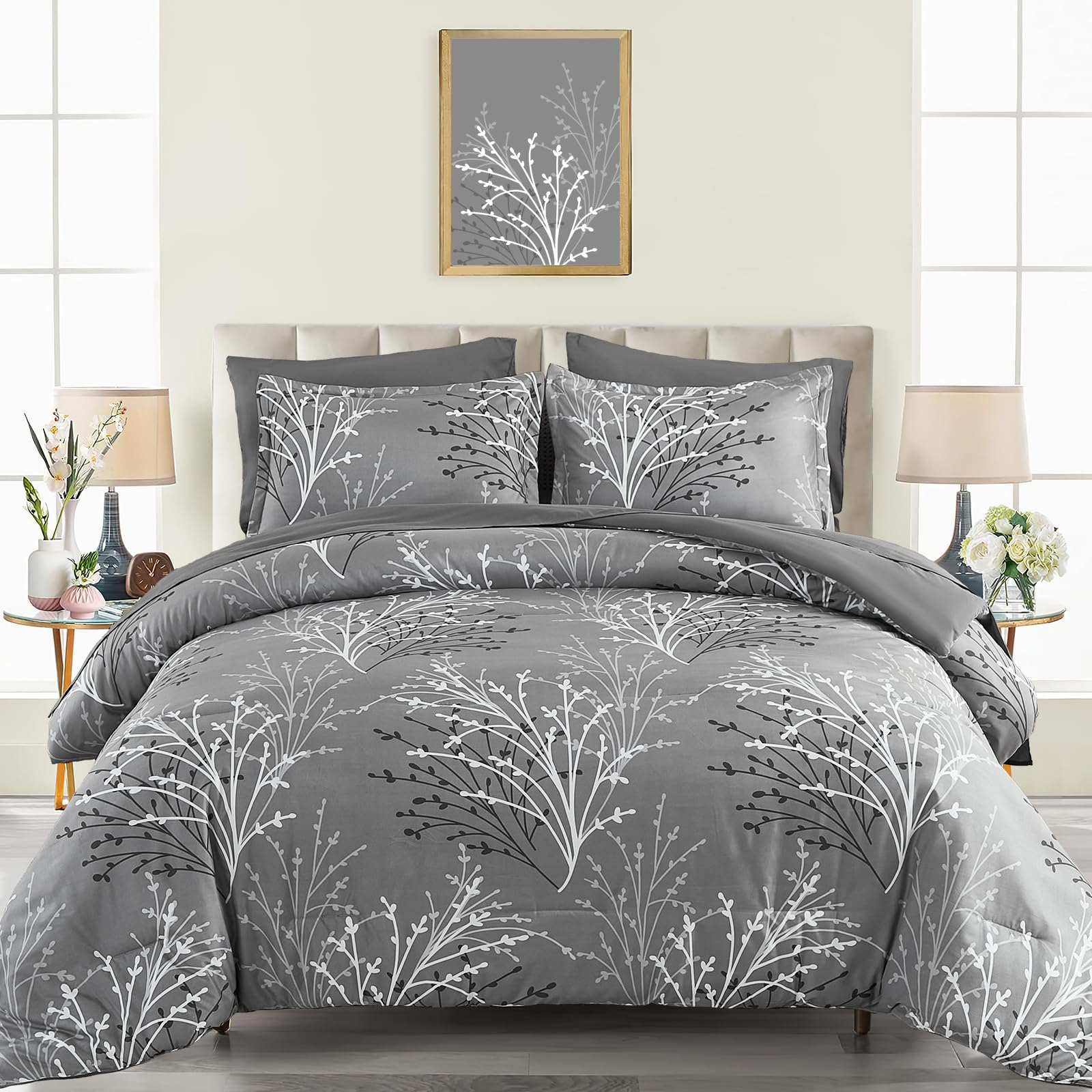 DJY Gray Comforter Set Queen Size Branch Botanical Bed in a Bag 7 Piece ...
