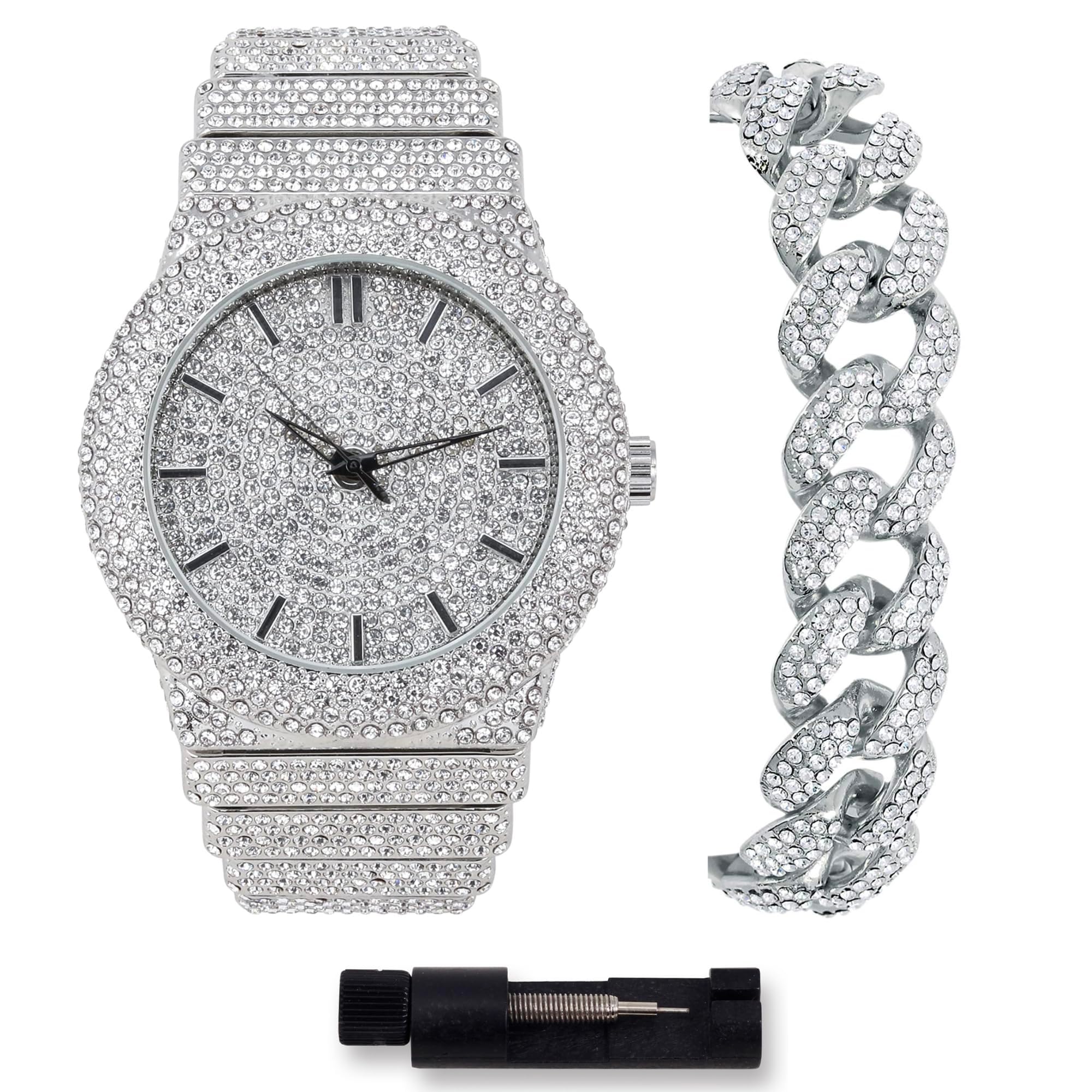 ICE STAR Men's 46mm Fully Iced Out Diamond Watch & Bracelet Set ...