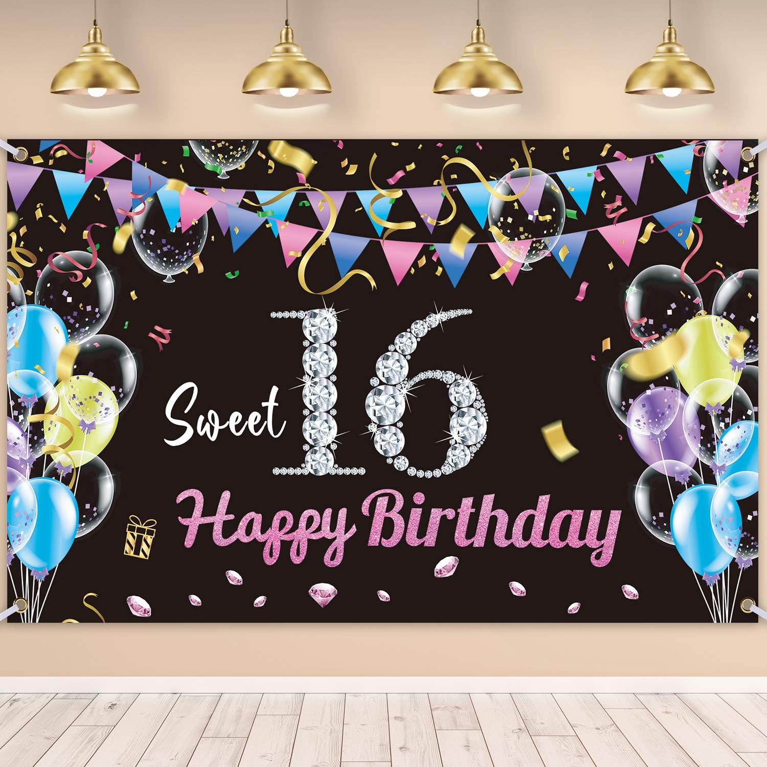 Amazon.com: Happy Sweet 16th Birthday Backdrop Banner LioNergy Extra ...