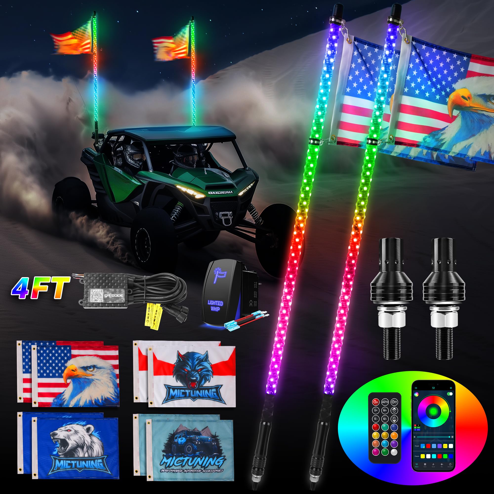 MICTUNING 2pc 4ft Spiral LED Whip Lights with 8 Flags, RF Remote & App ...