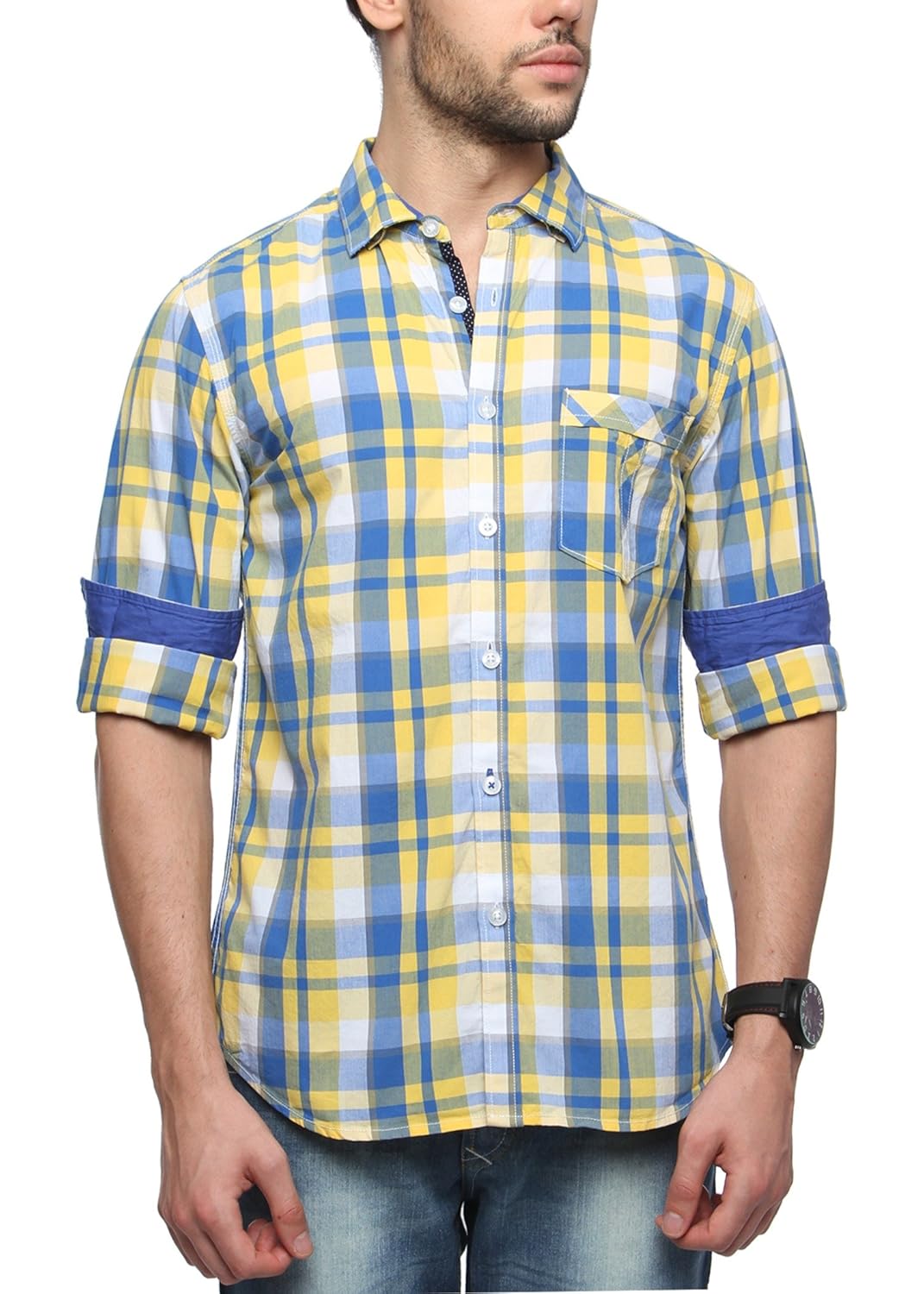 Buy Zovi Cotton Slim Fit Casual Yellow Checkered Shirt(11925108101_XX ...