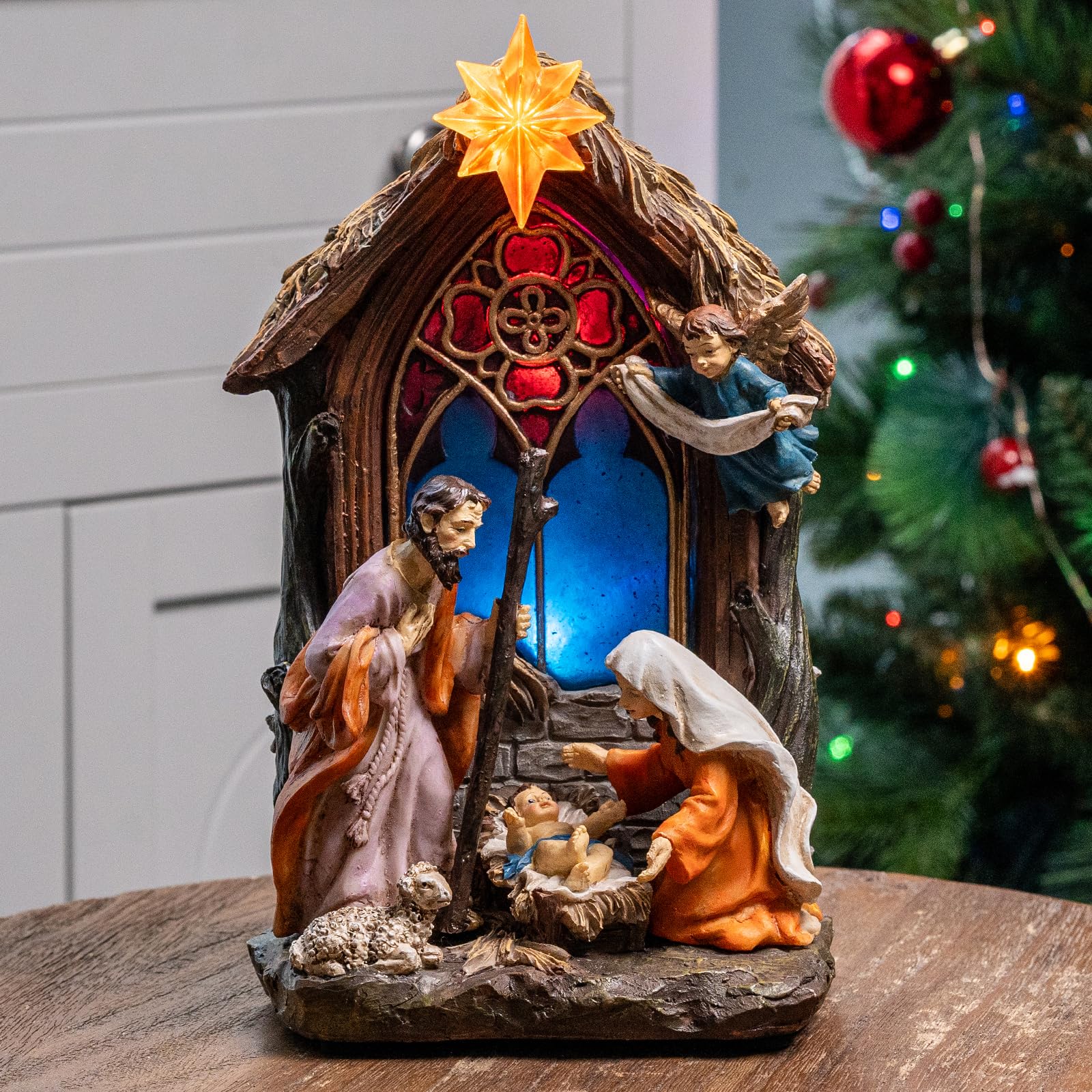Manger Nativity Scene with Figurines LED Light, 9.85 Inches Tabletop ...