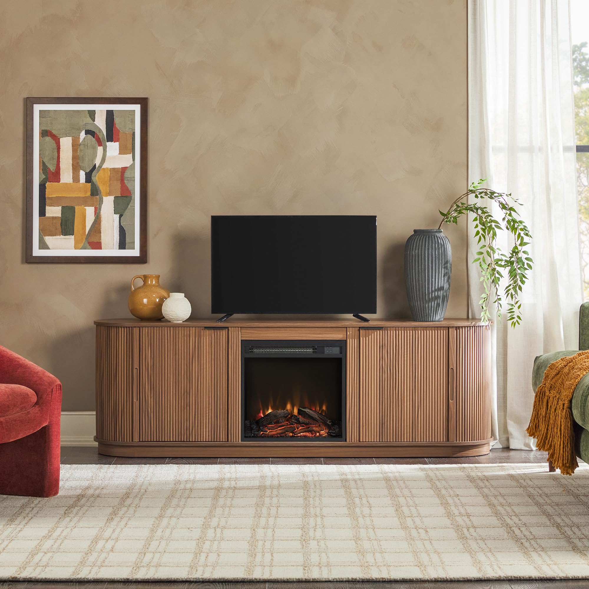 Walker Edison Chloe Reeded TV Stand with Fireplace Insert, 75 Inch, 70 ...