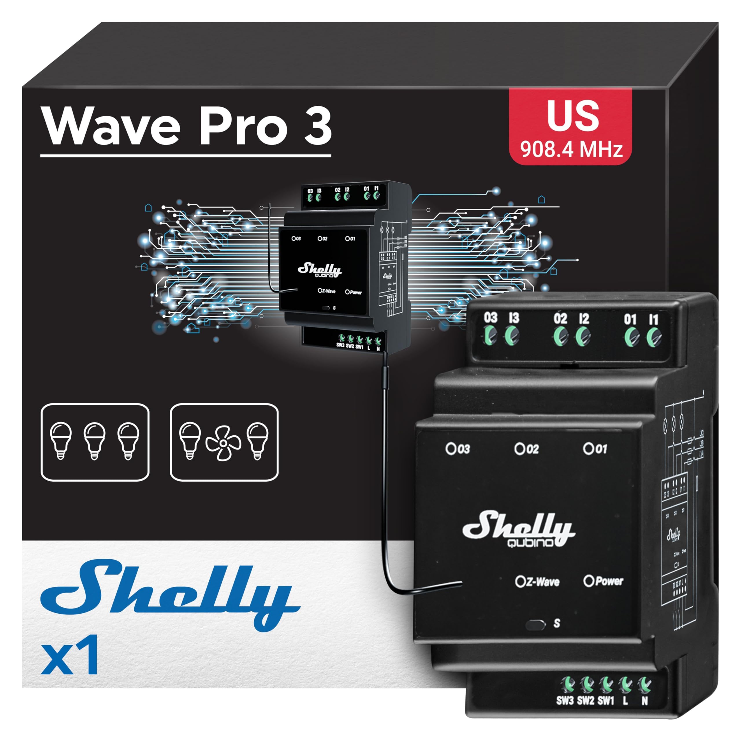 Shelly Wave Pro 3 US | Z-Wave 3-Channel Smart Relay Switch with Dry ...