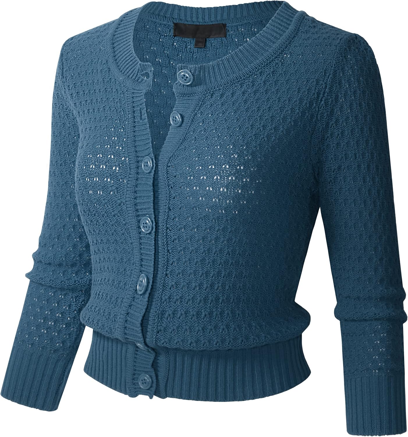 Suéter de punto corto con botones para mujer, manga 3/4, de ganchillo ...