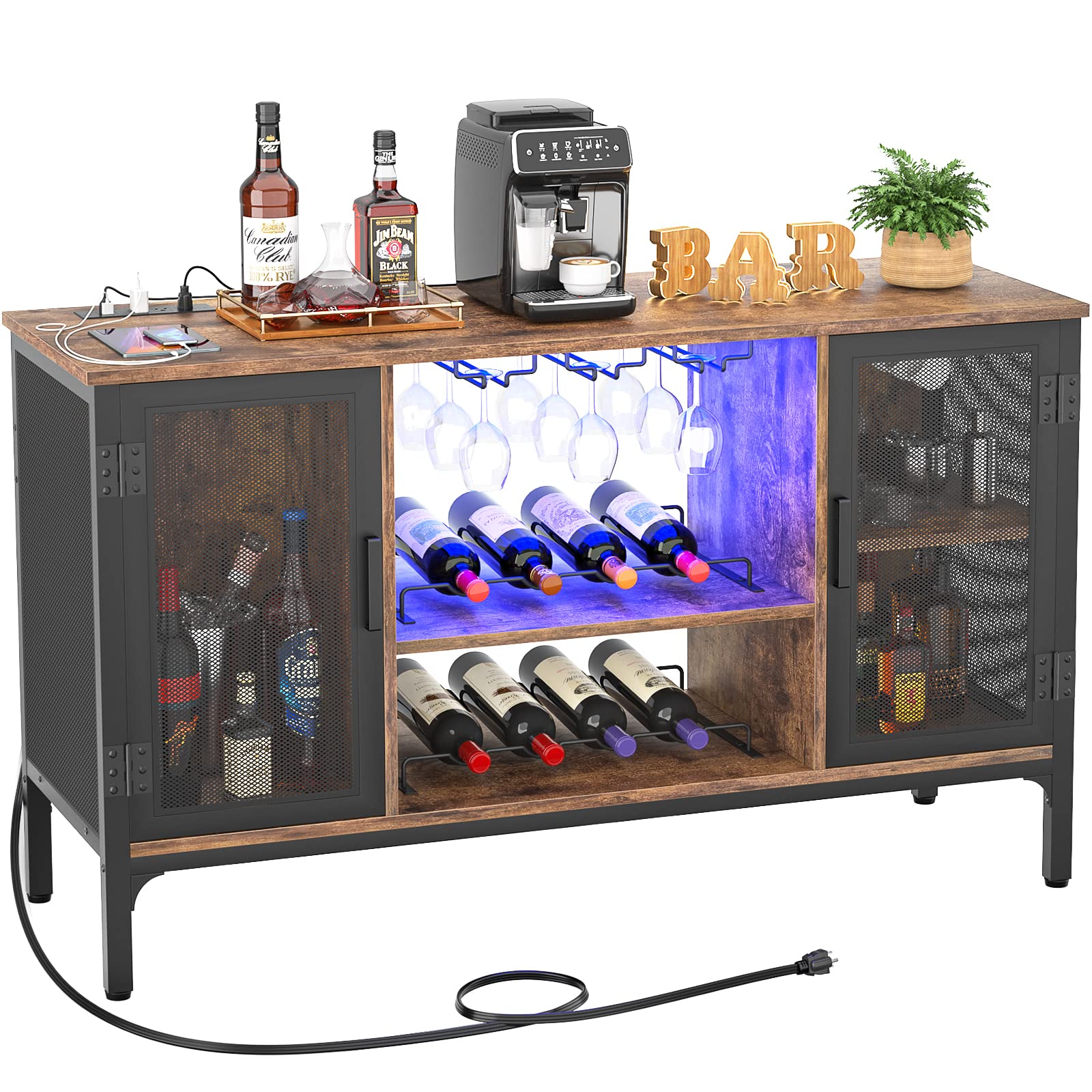 Homieasy Wine Bar Cabinet with Power Outlets & LED Lights, Industrial ...