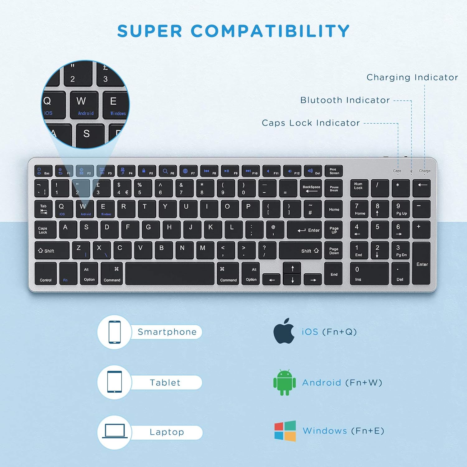Wireless Keyboard, 2.4GHz Ultra Slim Rechargeable Wireless Keyboard ...