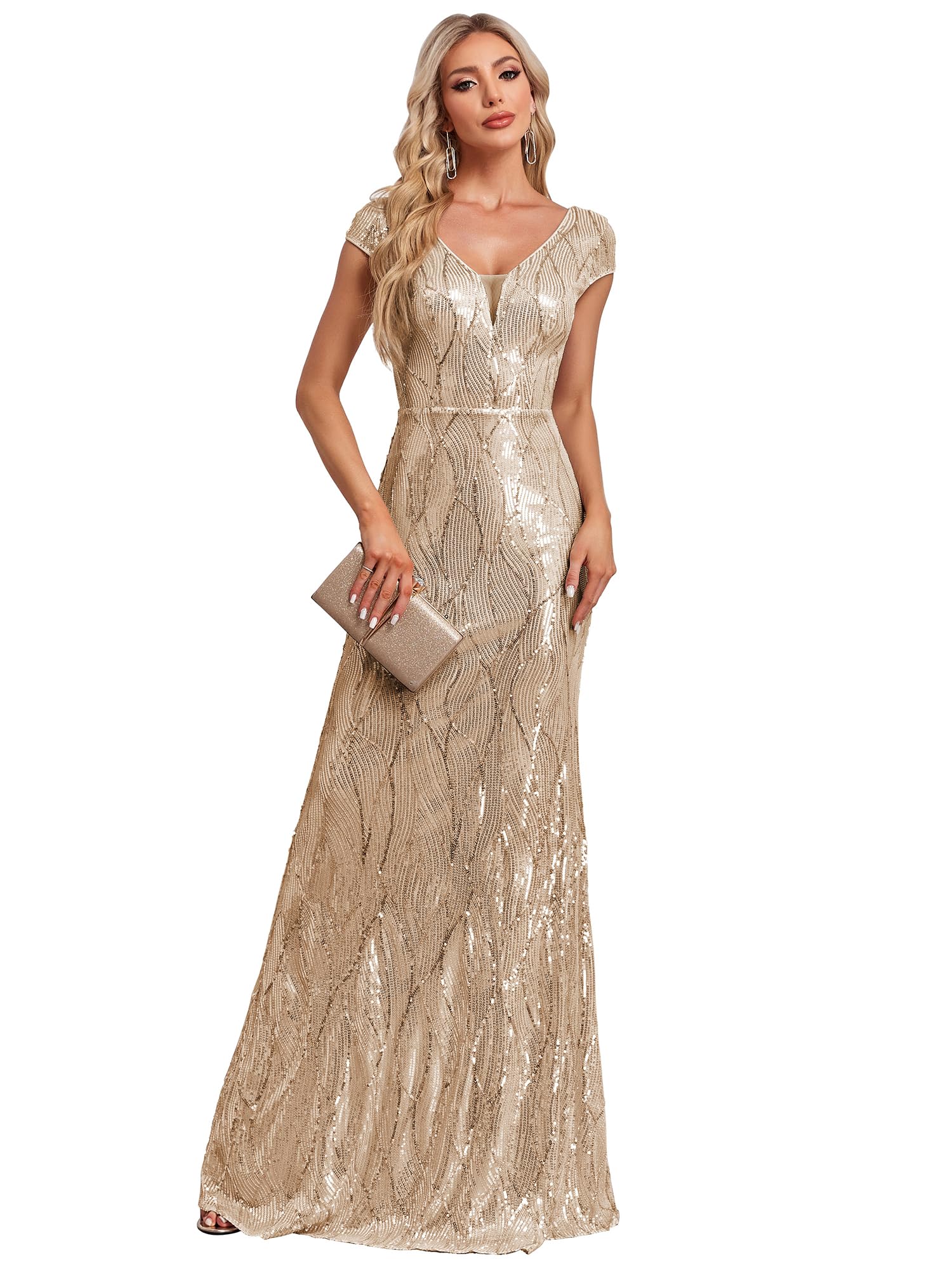 XUIBOL Womens Sequined Short Sleeves Long Formal Dress with V-Neck for ...