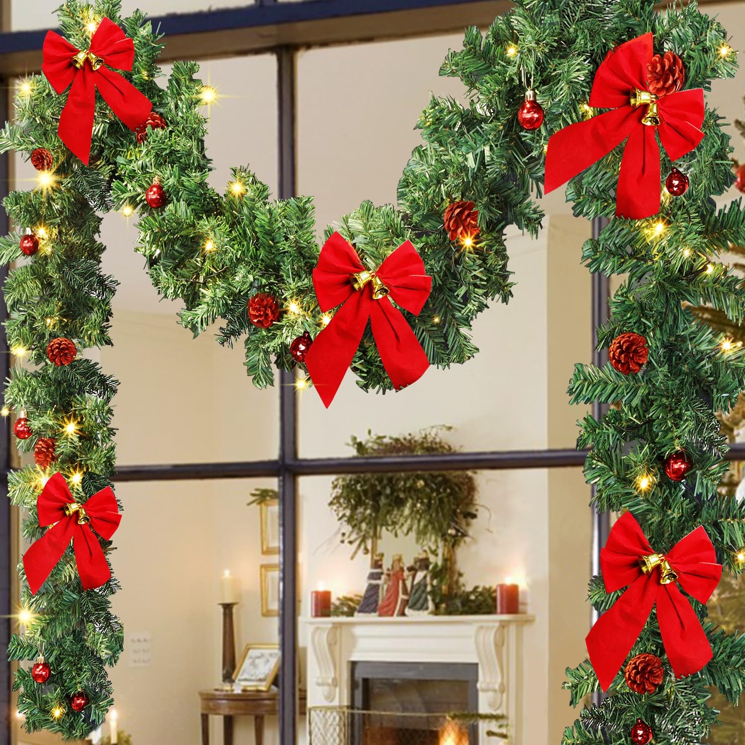 ATDAWN 9 FT Christmas Garland, Battery Operated Prelit Garland with ...