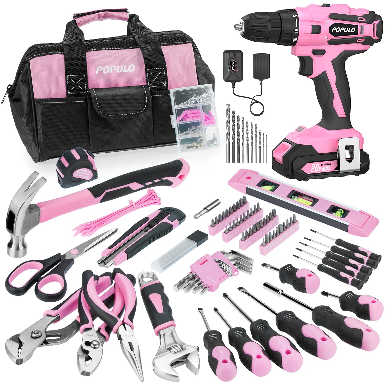 POPULO Pink Tool Kit 236-Piece with Cordless 20V 2000mAh Power Drill ...