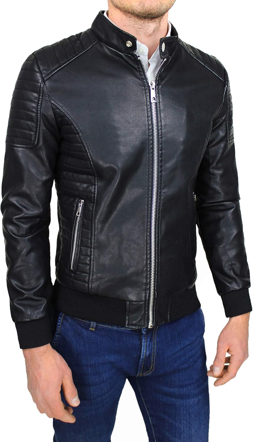 Giubbotto Uomo in Ecopelle Nero Slim Fit Giacca Giubbino Coreana Casual