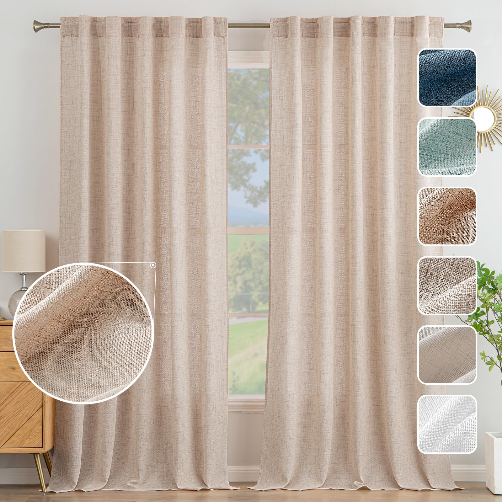 MIULEE Faux Linen Curtains 84 Inch Length 2 Panels Blush Beige Semi Sheer Curtains with Rod ...