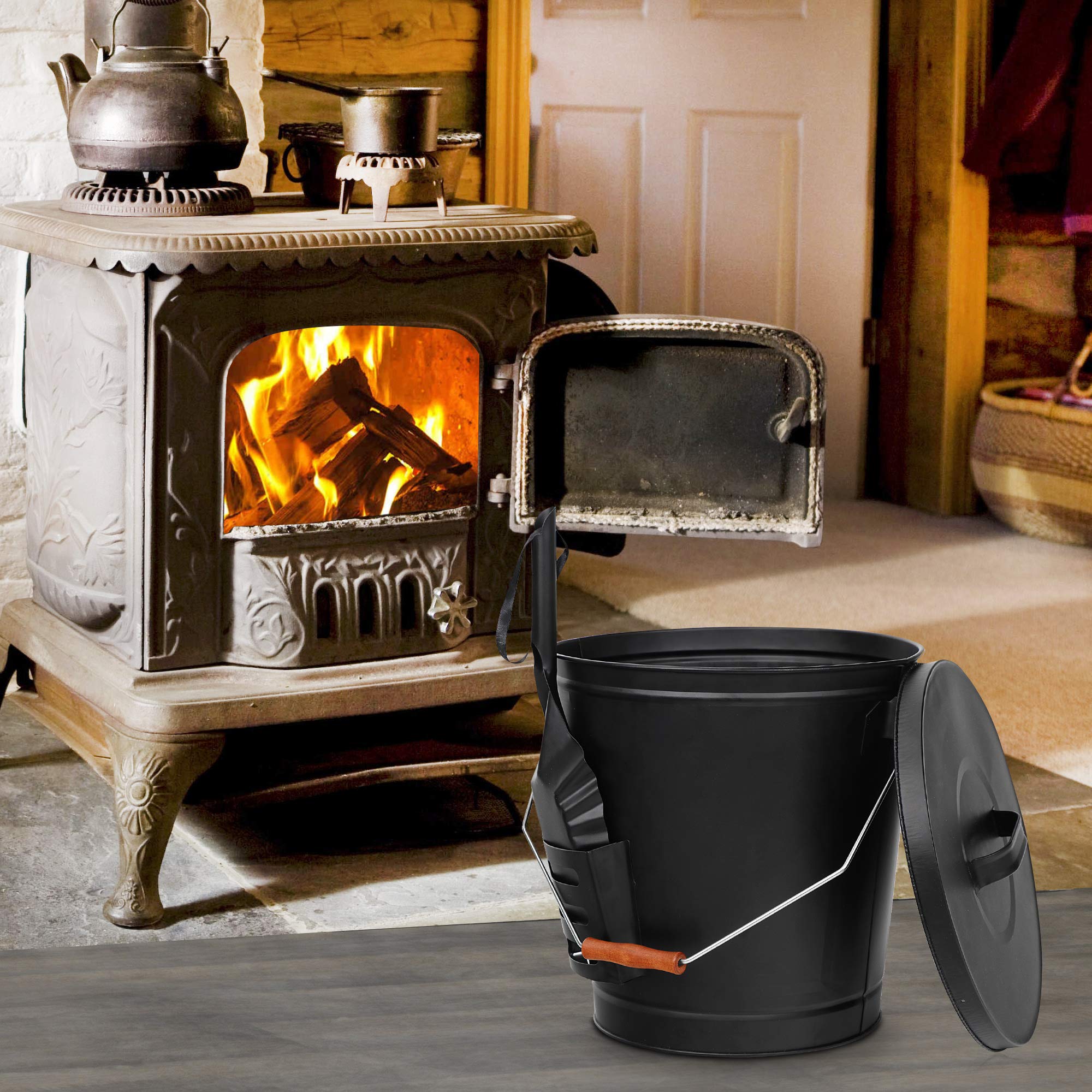 F2C 5.15 Gallon Ash Bucket with Lid and Shovel Galvanized Iron Ash Pail ...