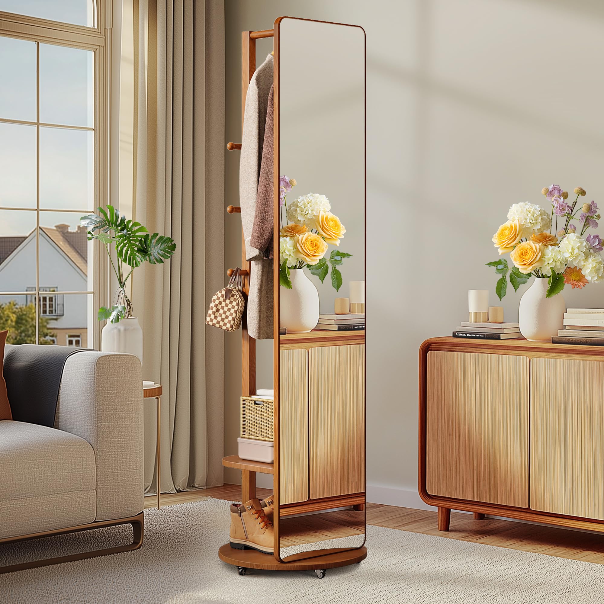 IUNVR Mirror Coat Rack Full-Length Swivel 360° Rotation with Wheels ...