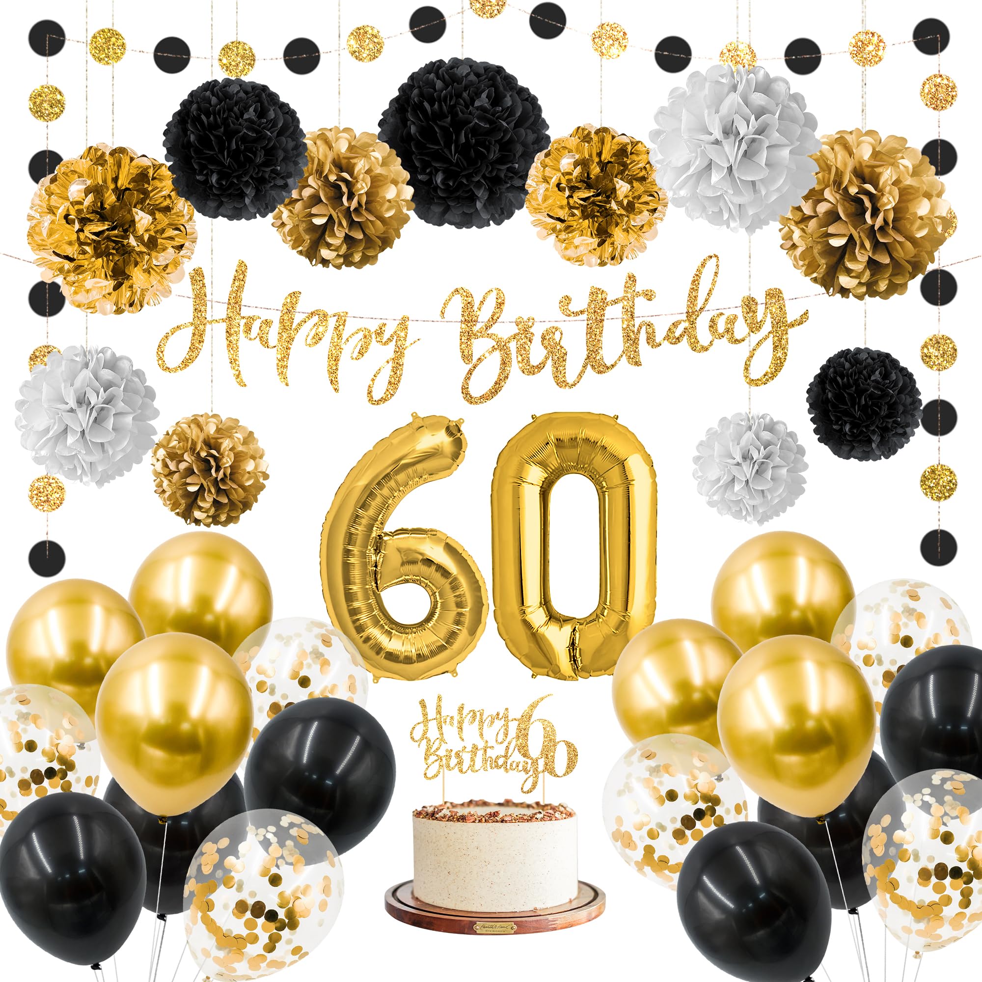 60th Birthday Decorations Kit for Men Women, Black Gold Happy 60 ...