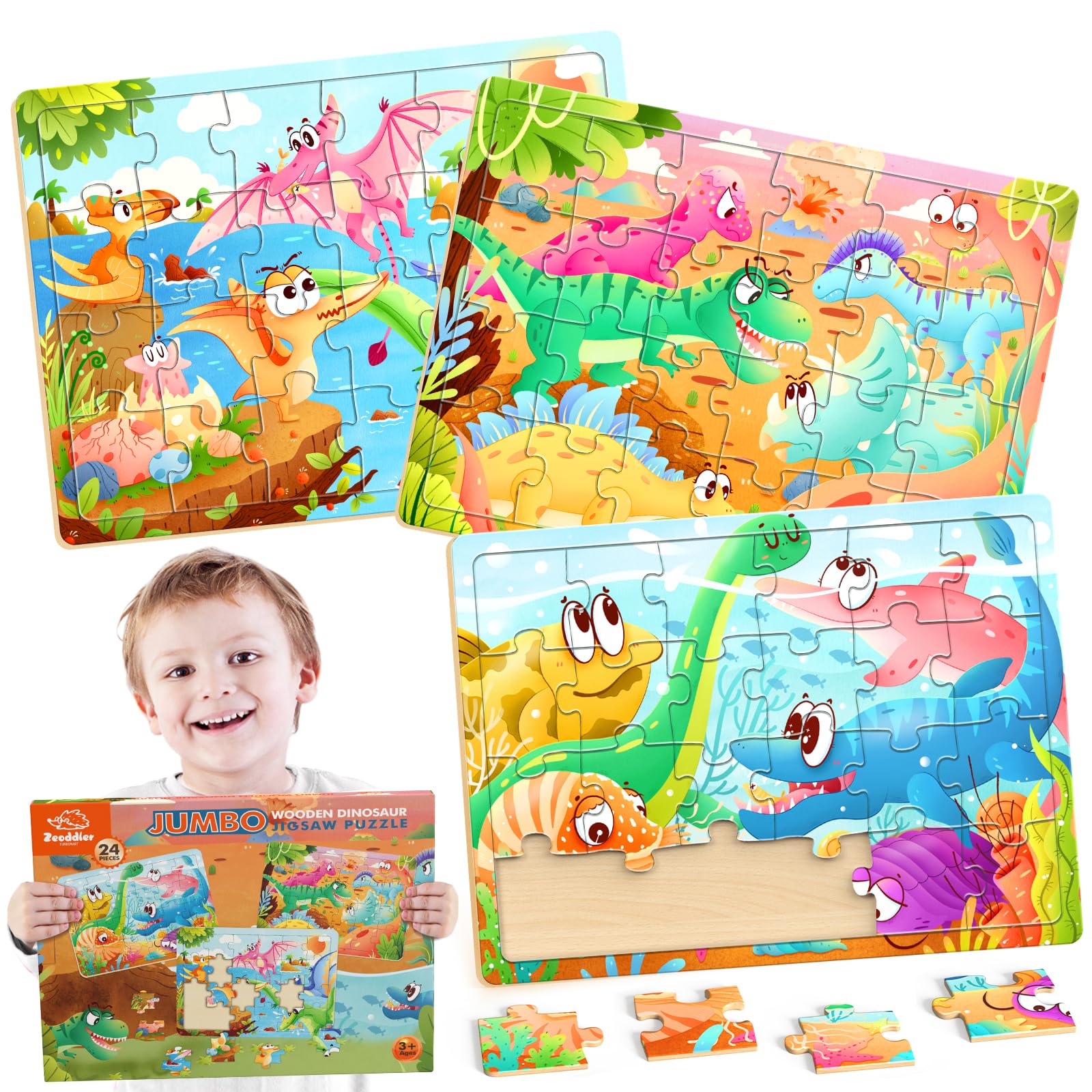 Zeoddler Jumbo Wooden Puzzles for Toddlers, 24 Pieces Dinosaur Jigsaw ...