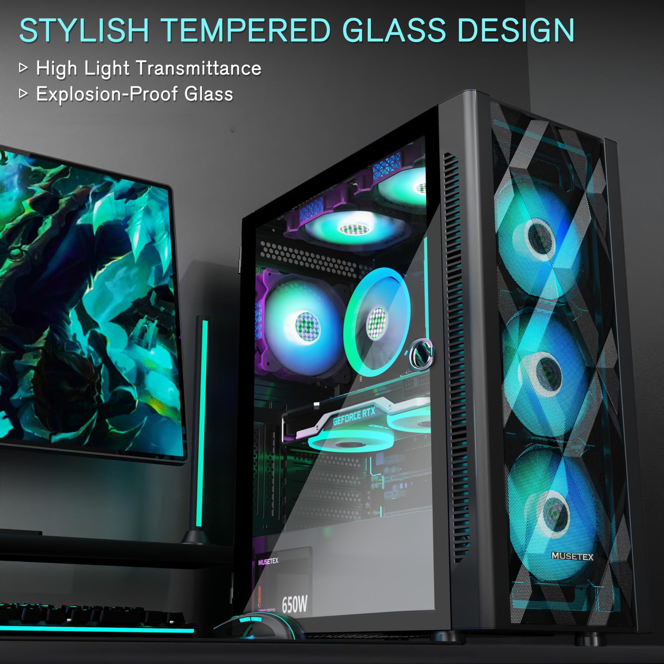 Mua MUSETEX ATX PC Case Pre-Install 6 PWM ARGB Fans, Polygonal Mesh ...