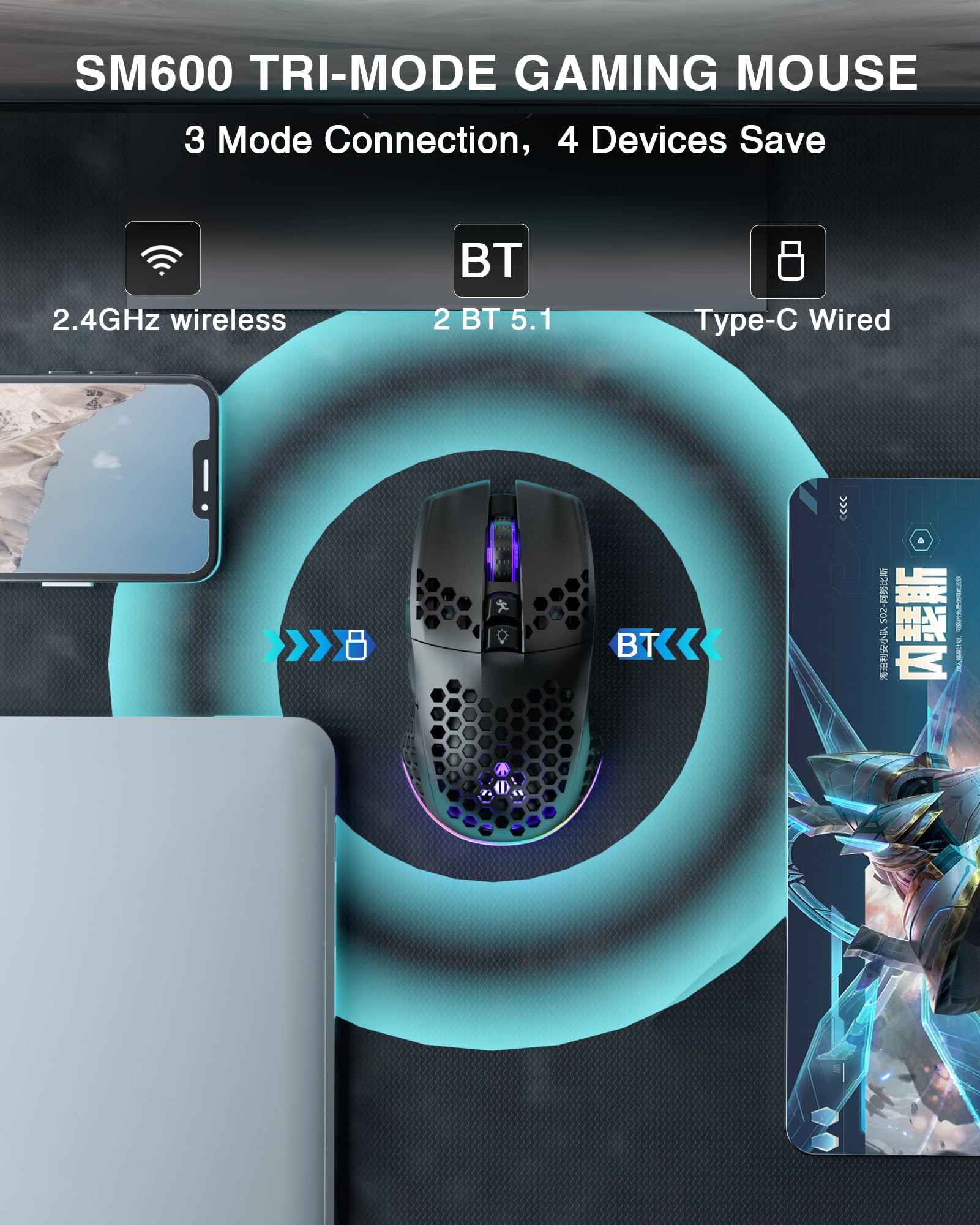 Mua SM600 Honeycomb Shell Gaming Mouse Wireless,8000 DPI Tri-Modes BT5 ...