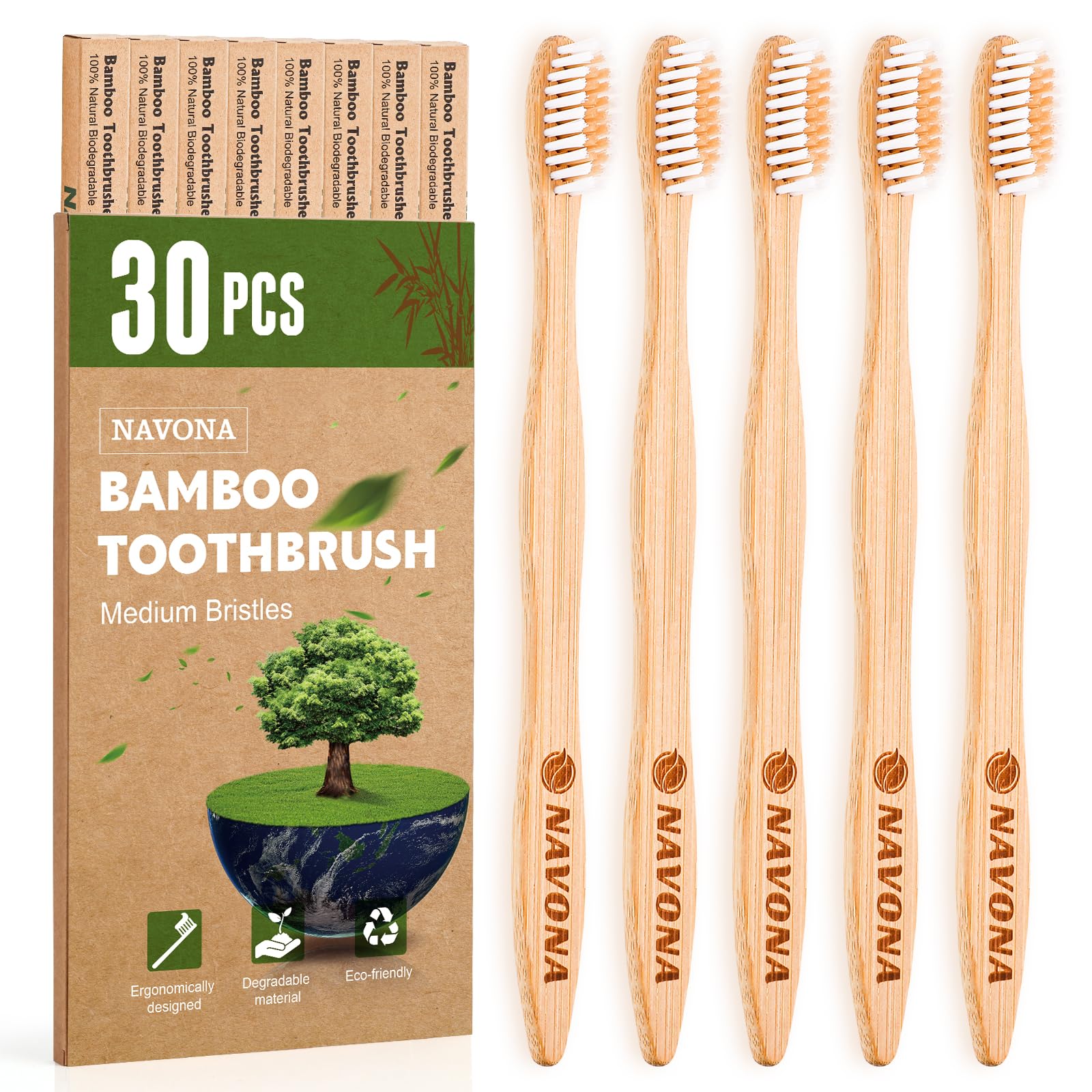 Navona 30 PCS Bamboo Toothbrushes Pack, BPA Free Medium Soft Bristles ...
