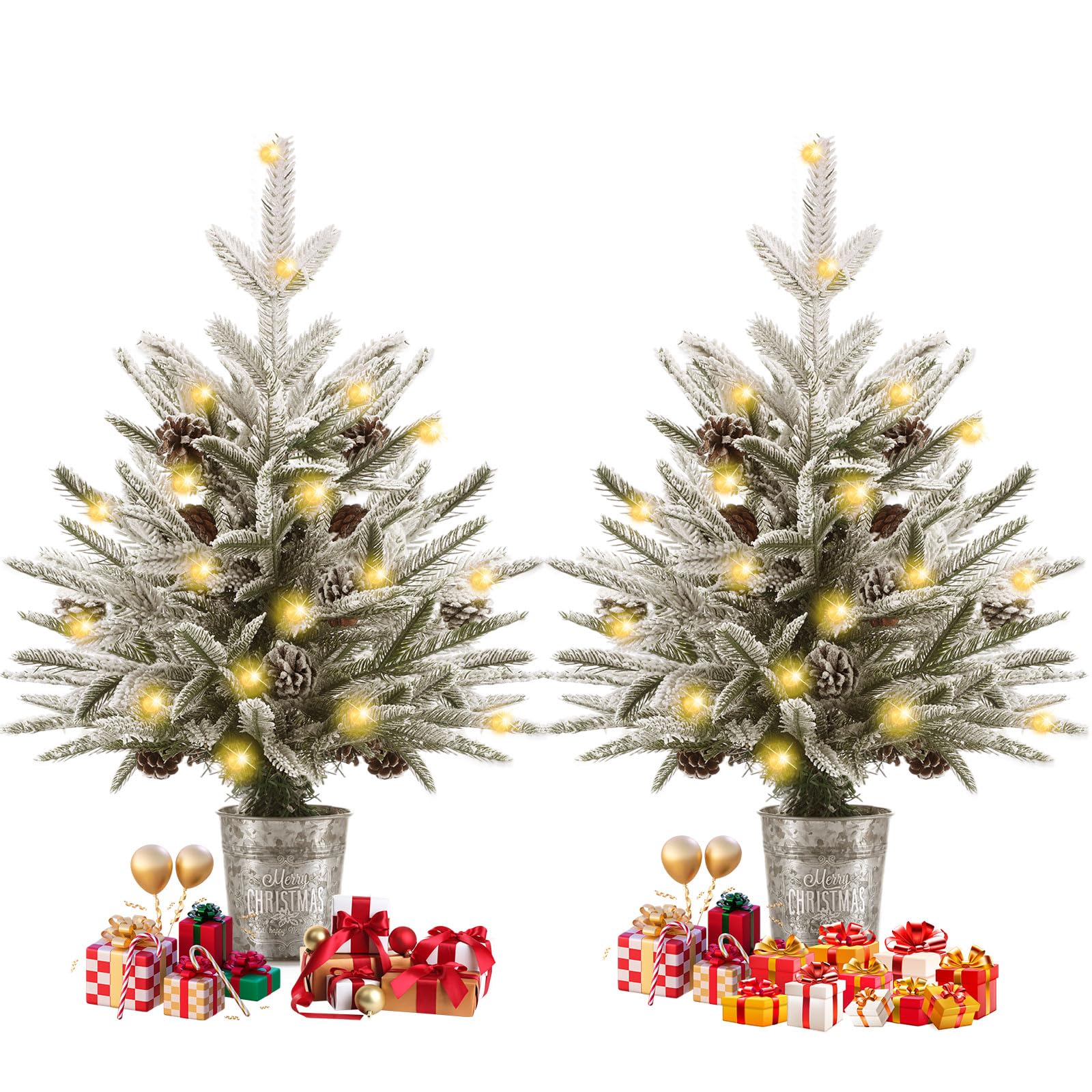 Syhood 2 Pcs 1.5 ft Flocked Small Christmas Tree with 30 LED Lights Pre ...