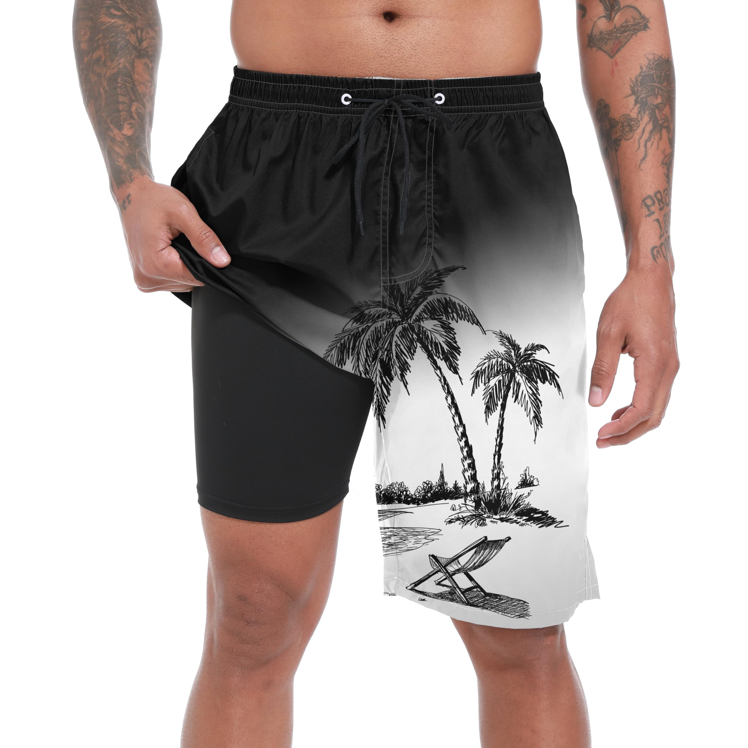 Mens Swim Trunks with Compression Liner, Black White Beach Palm Men ...
