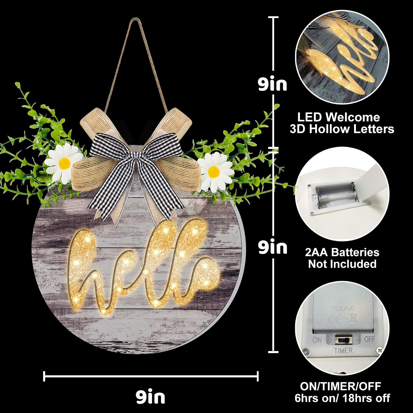 AMENON Welcome Hello Wreath For Front Door, Pre-Lit Hello Wooden Sign ...