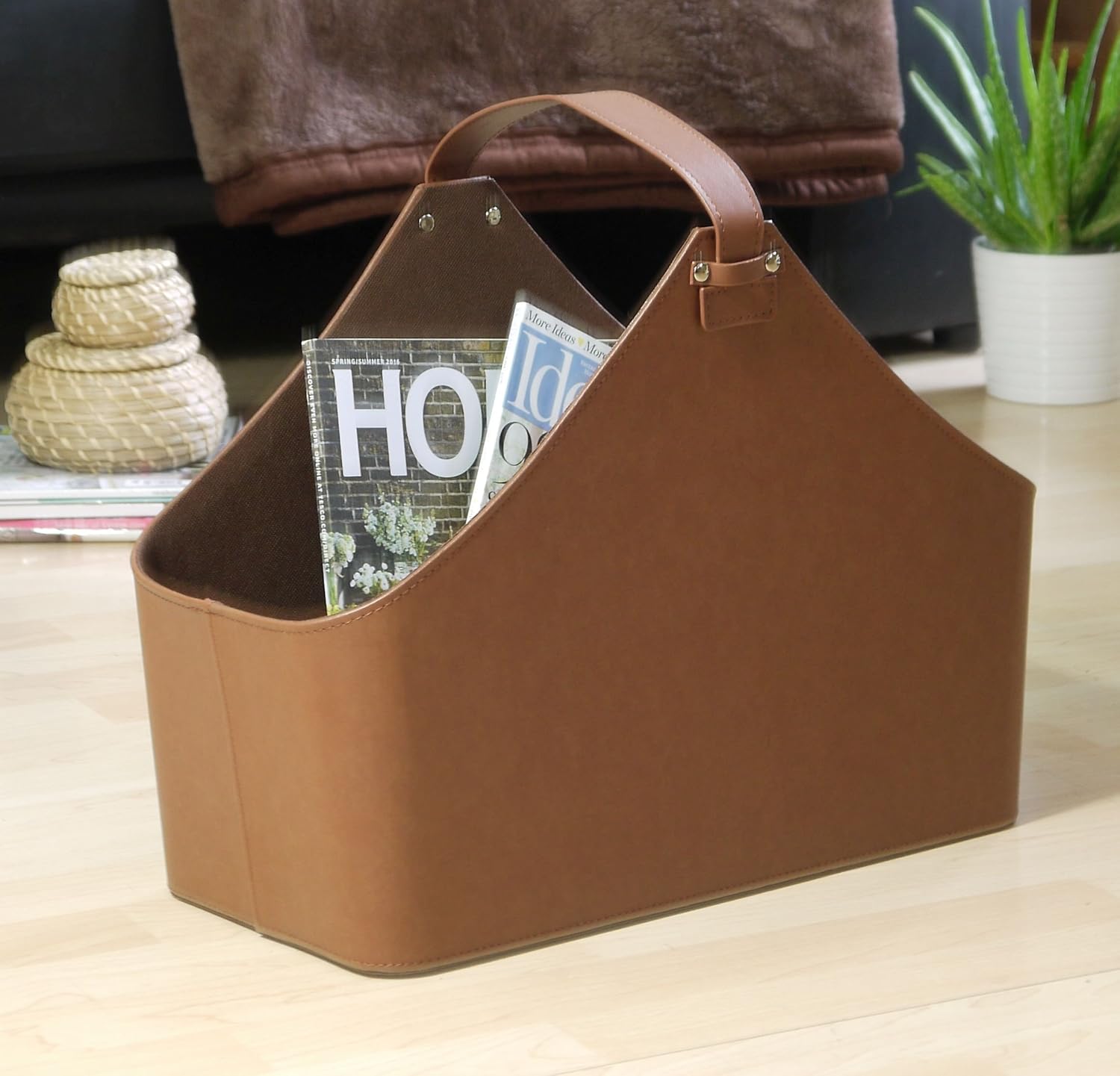 Home & Kitchen Contemporary Brown Faux Leather Magazine Rack Newspaper ...