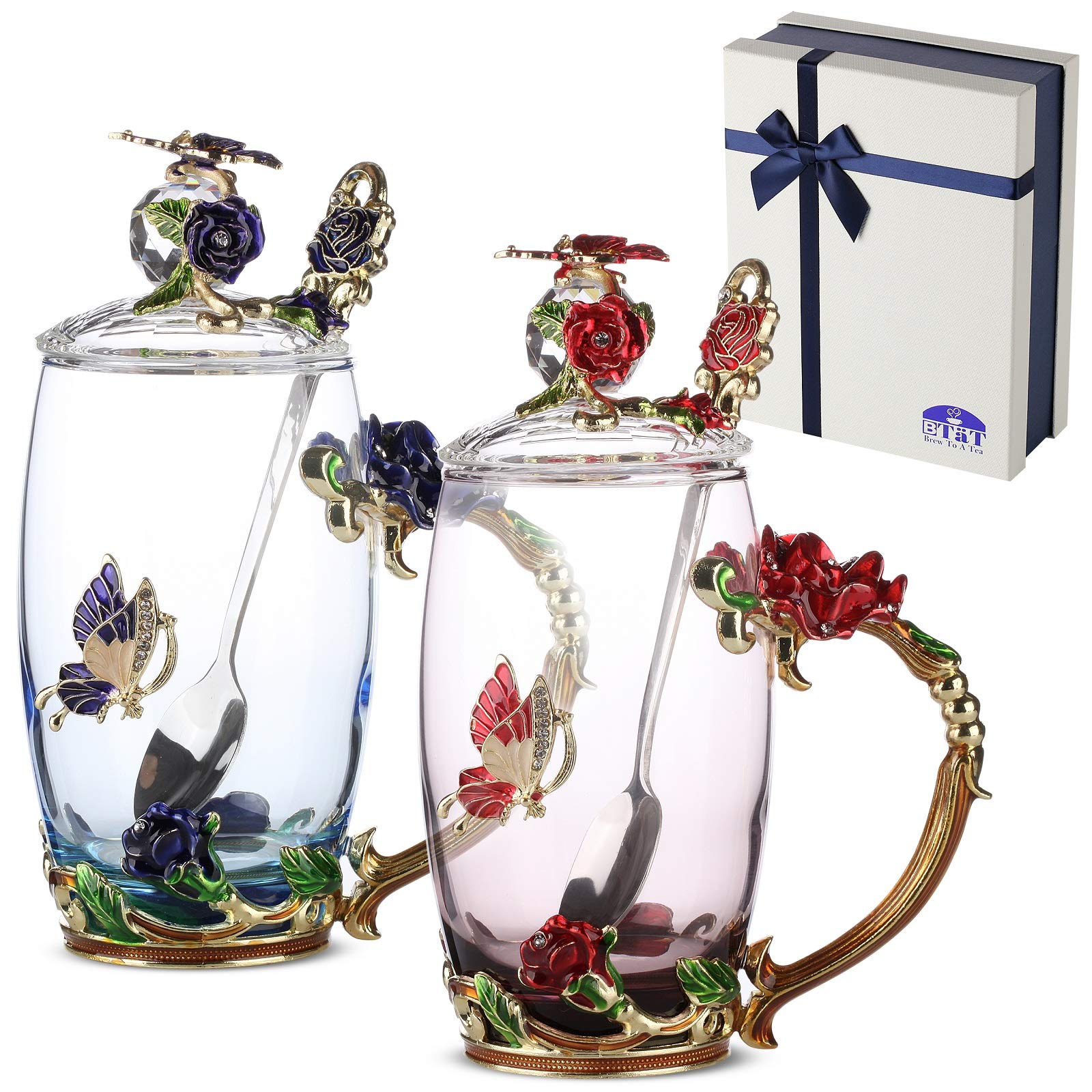 BTaT- Floral Glass Tea Cups with Lids, Pack of 2, Flower Tea Cups ...