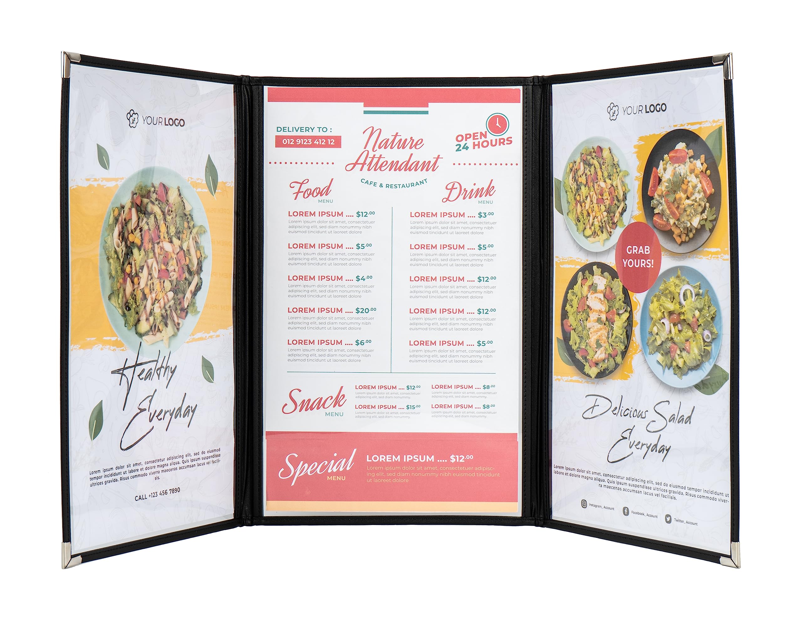 Ylittaa Menu Covers, Triple Fold, 3 Pockets, 6 View, for 8.5" x 14 ...