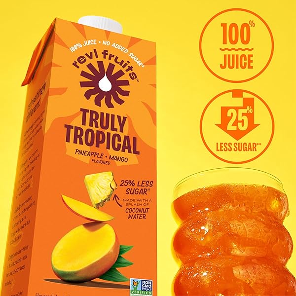 REVL FRUITS 100% JUICE, NO ADDED SUGAR, PINEAPPLE MANGO, TRULY TROPICAL ...