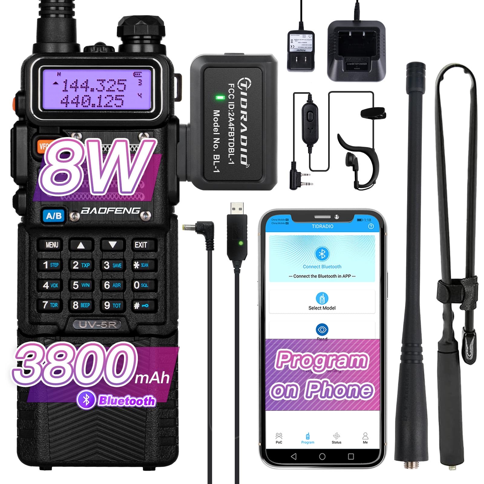 Baofeng UV-5R Ham Radio Long Range 8 Watt with Tactical Antenna ...