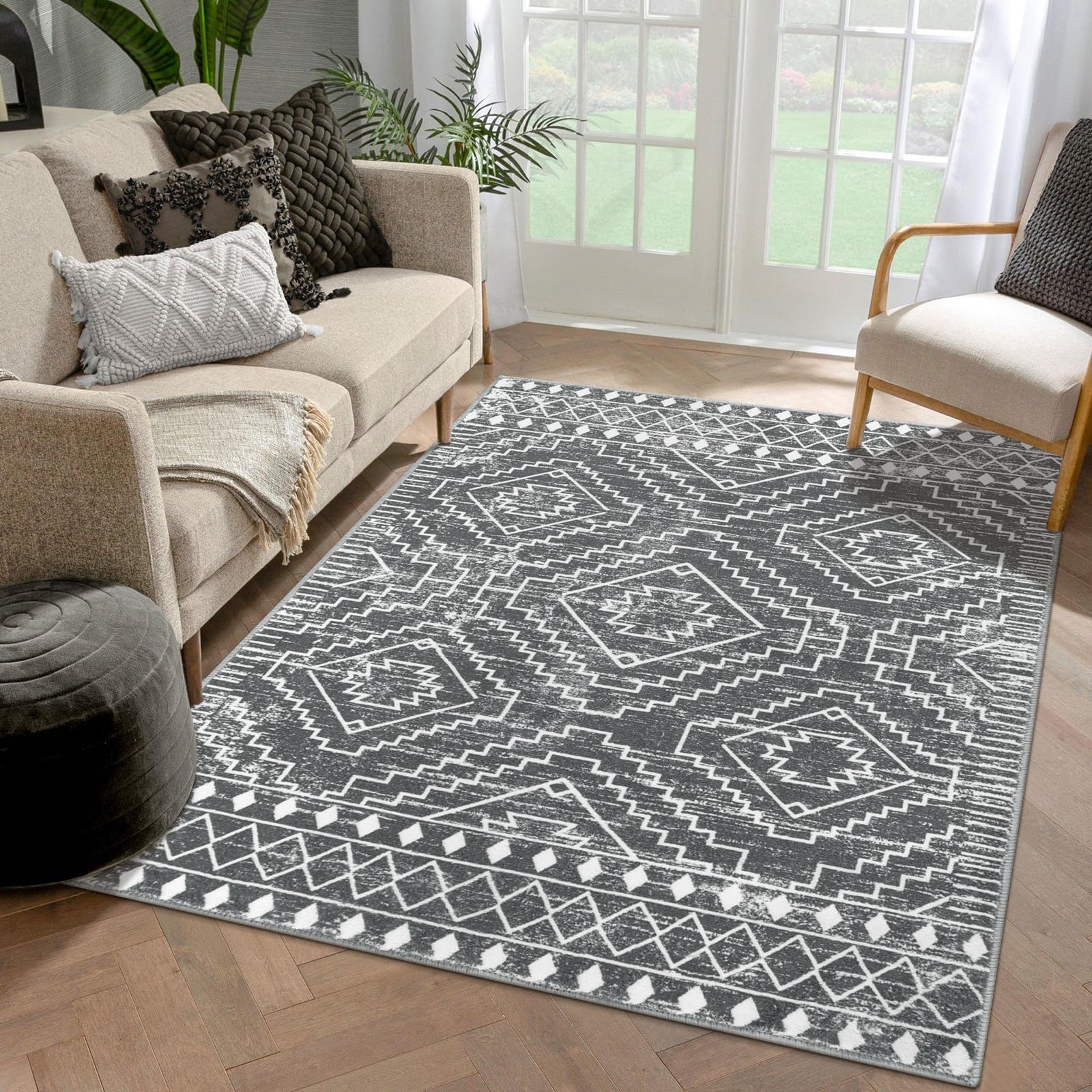 Wonnitar Moroccan 5x7 Washable Rug, Large Grey Area Rug for Living Room ...
